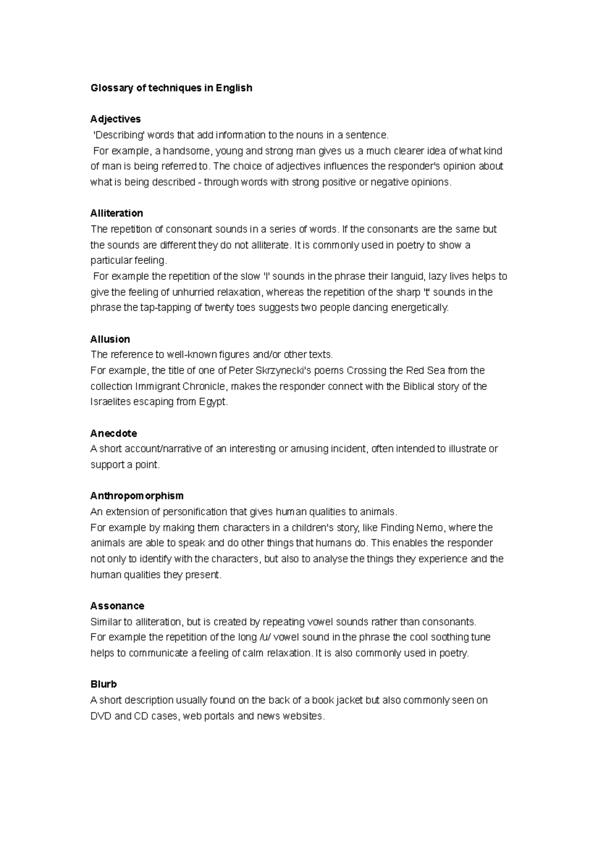 Techniques - Glossary of techniques in English Adjectives 'Describing ...