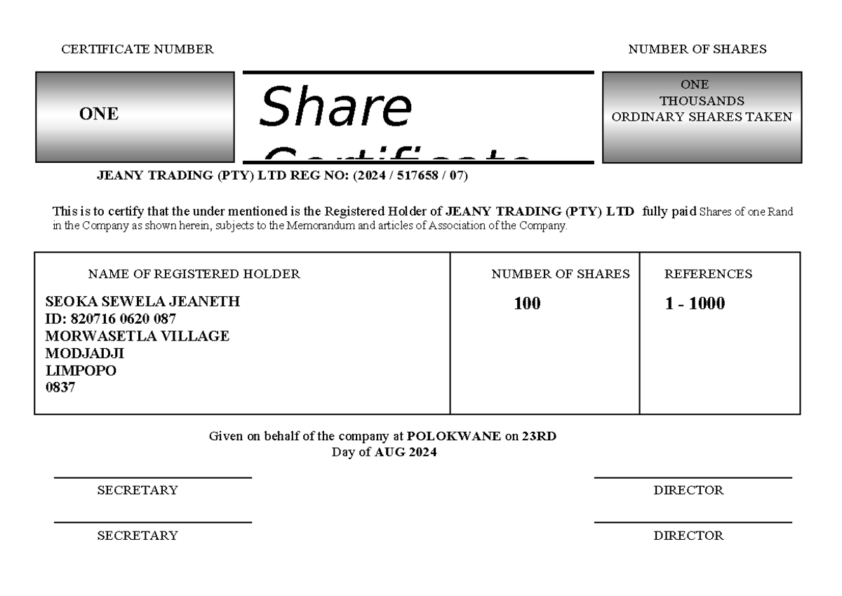 Share CERT-1 - BRIEF EXPLANATIONS - CERTIFICATE NUMBER NUMBER OF SHARES ...