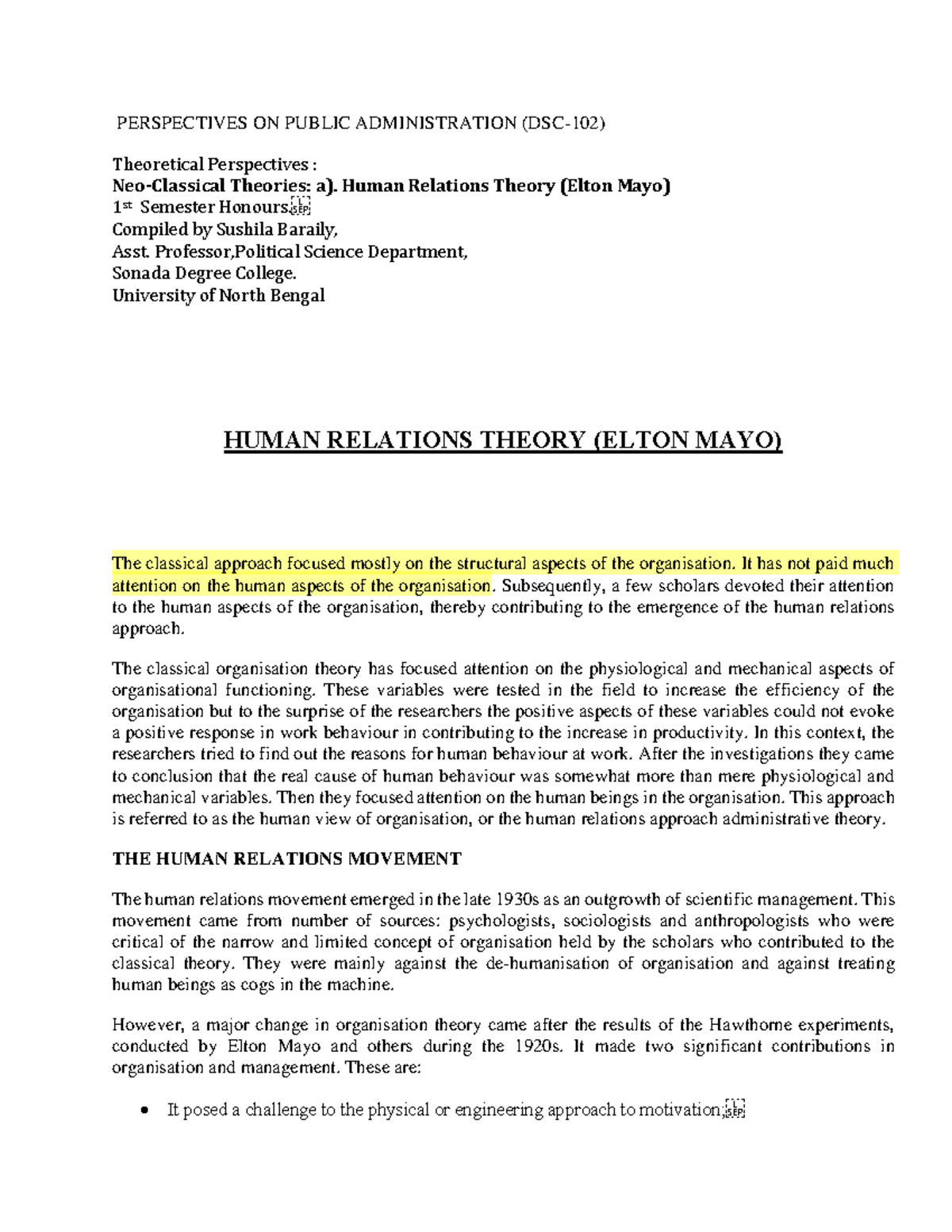 Human Relation Theory notes - PERSPECTIVES ON PUBLIC ADMINISTRATION ...