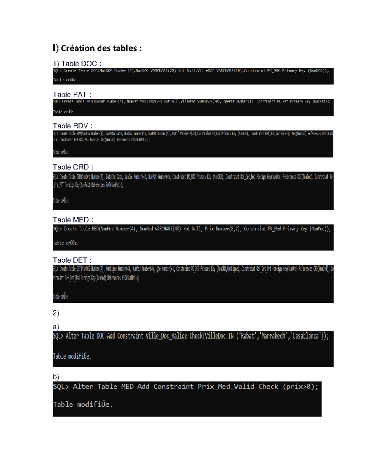 Compte-rendu sql - exerice - I) Création des tables : 1) Table DOC ...