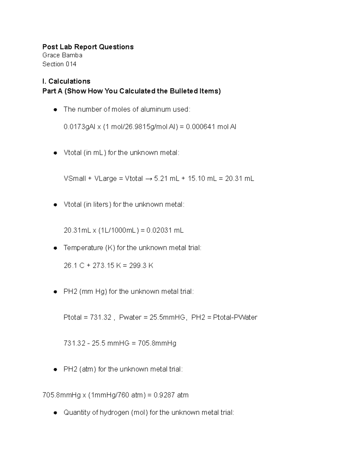 Post Lab Report 9 - lab - Post Lab Report Questions Grace Bamba Section 014 I. Calculations Part ...