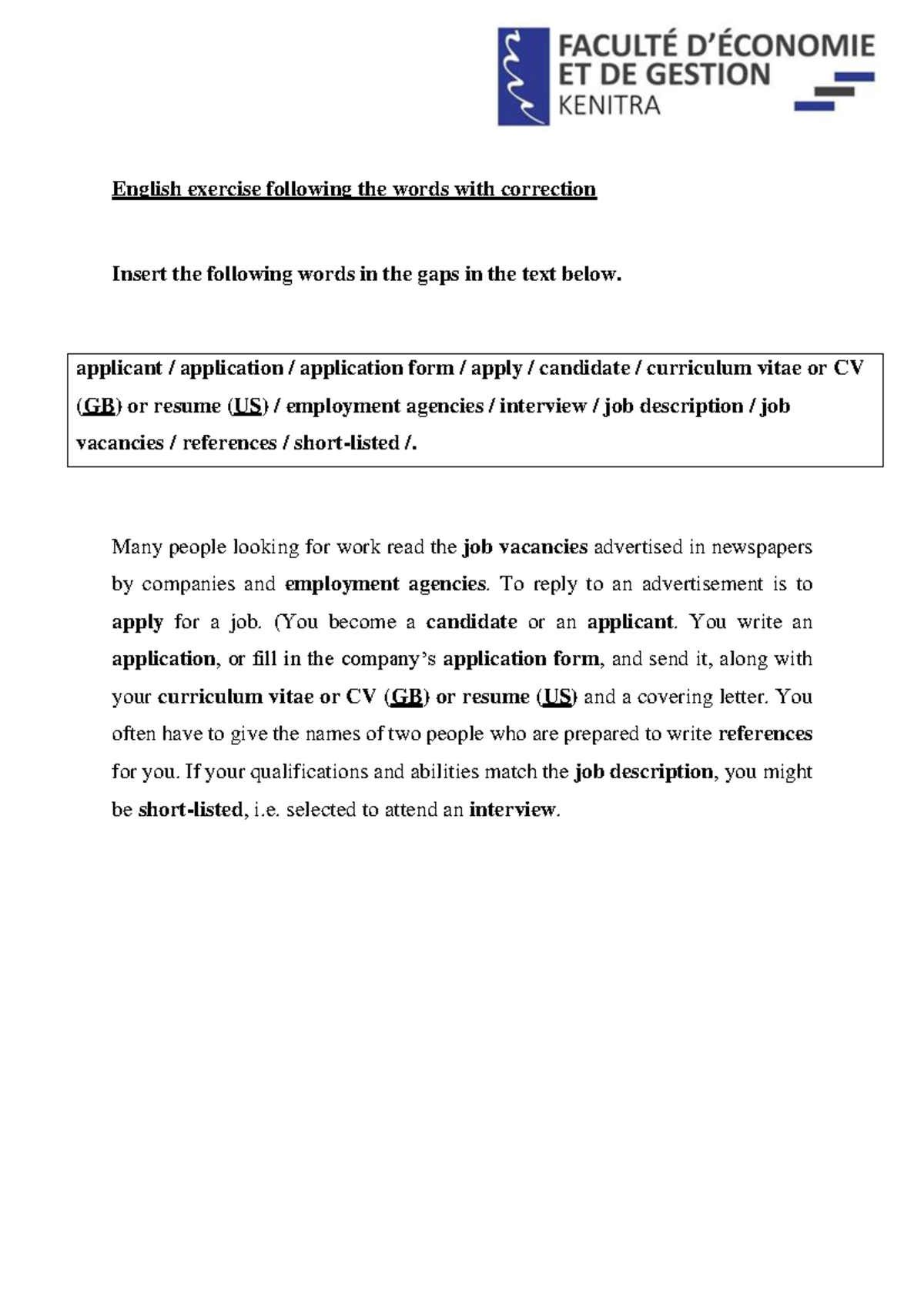 English exercise following the words with correction - applicant ...