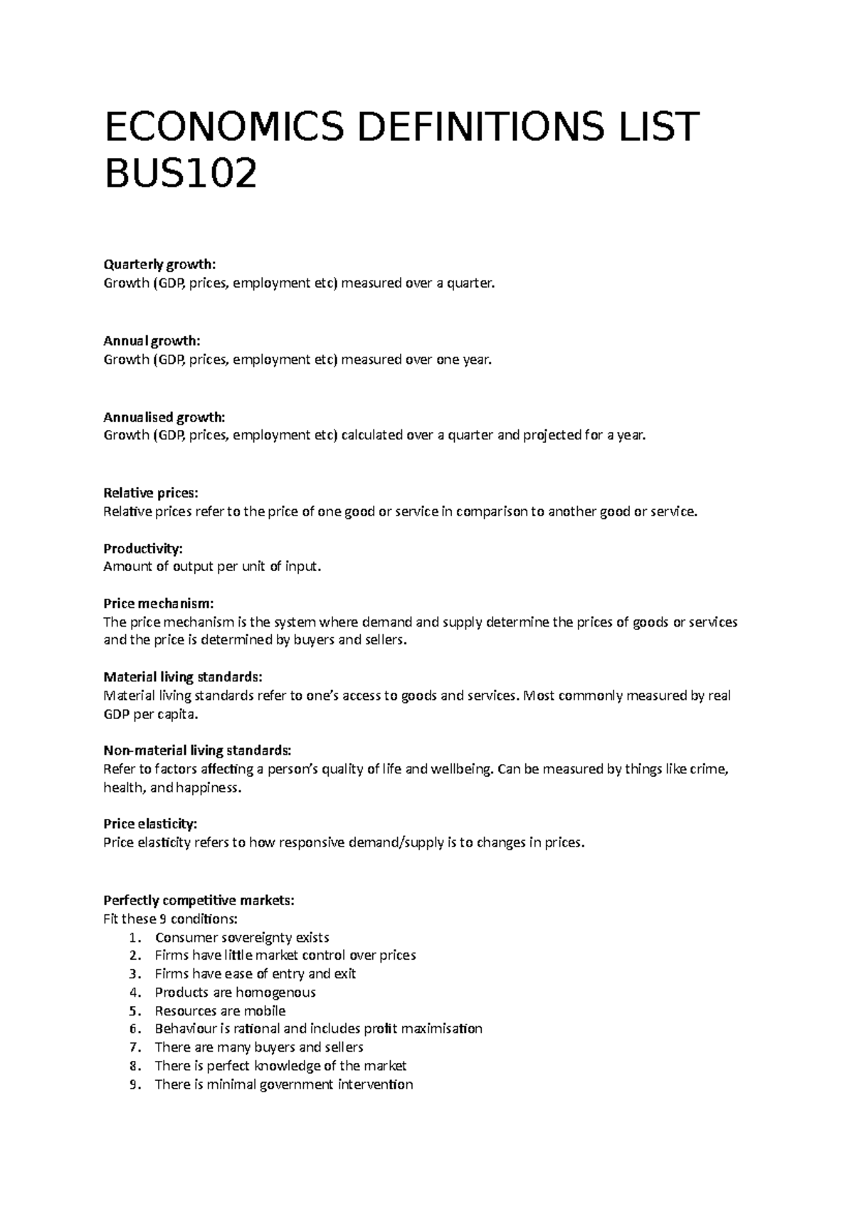 Economics Definitions LIST BUS102 - ECONOMICS DEFINITIONS LIST BUS ...