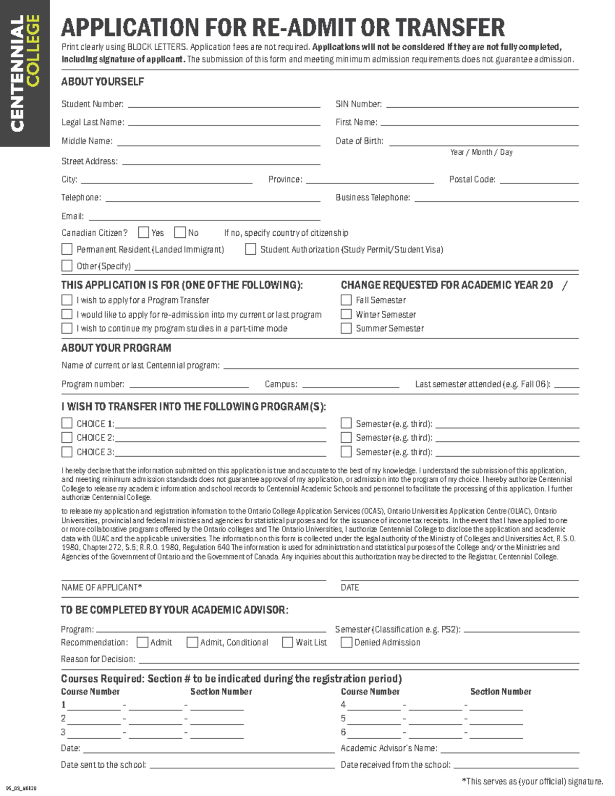 Application readmit or transfer s1 - I WISH TO TRANSFER INTO THE ...