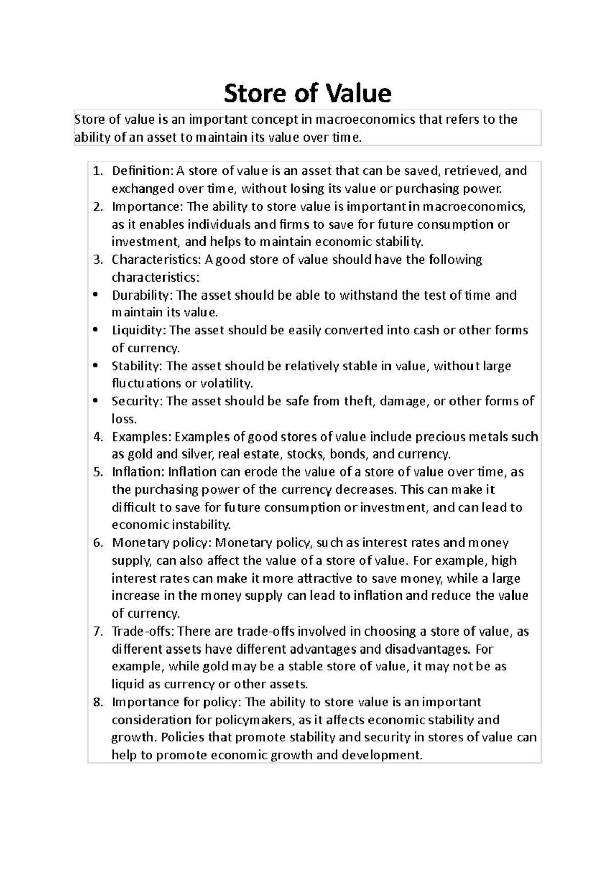 Store of Value - Store of Value Store of value is an important concept ...