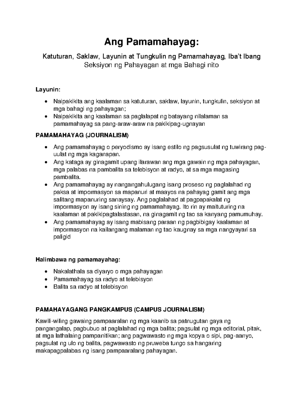 FIL2 - Modyul 1 Ang Pamamahayag - Ang Pamamahayag: Katuturan, Saklaw ...
