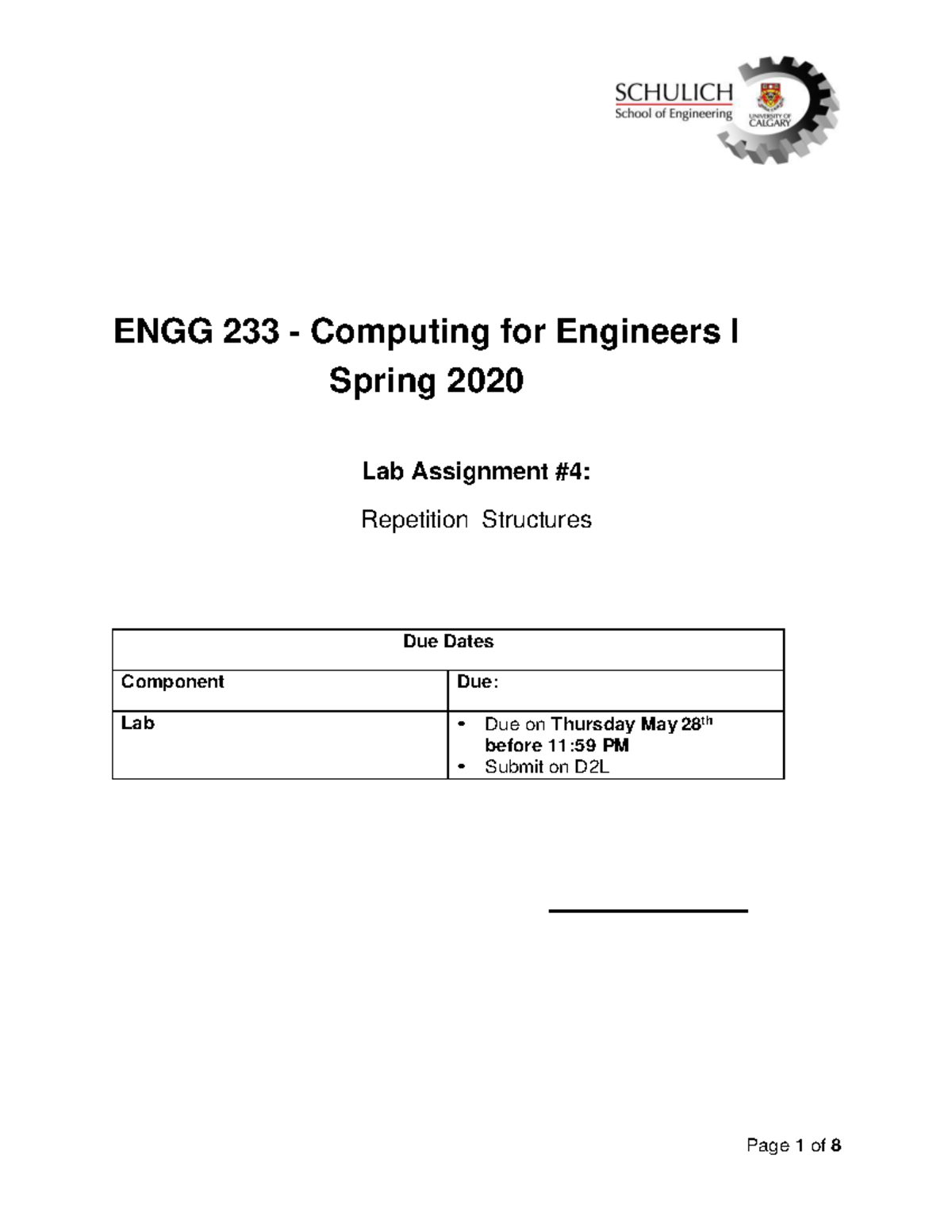 ENGG 233 - Lab 4 - lab 4 - ENGG 233 - Computing for Engineers I Spring ...