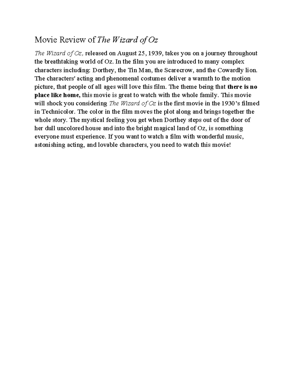 Movie Review of The Wizard of Oz - In the film you are introduced to ...