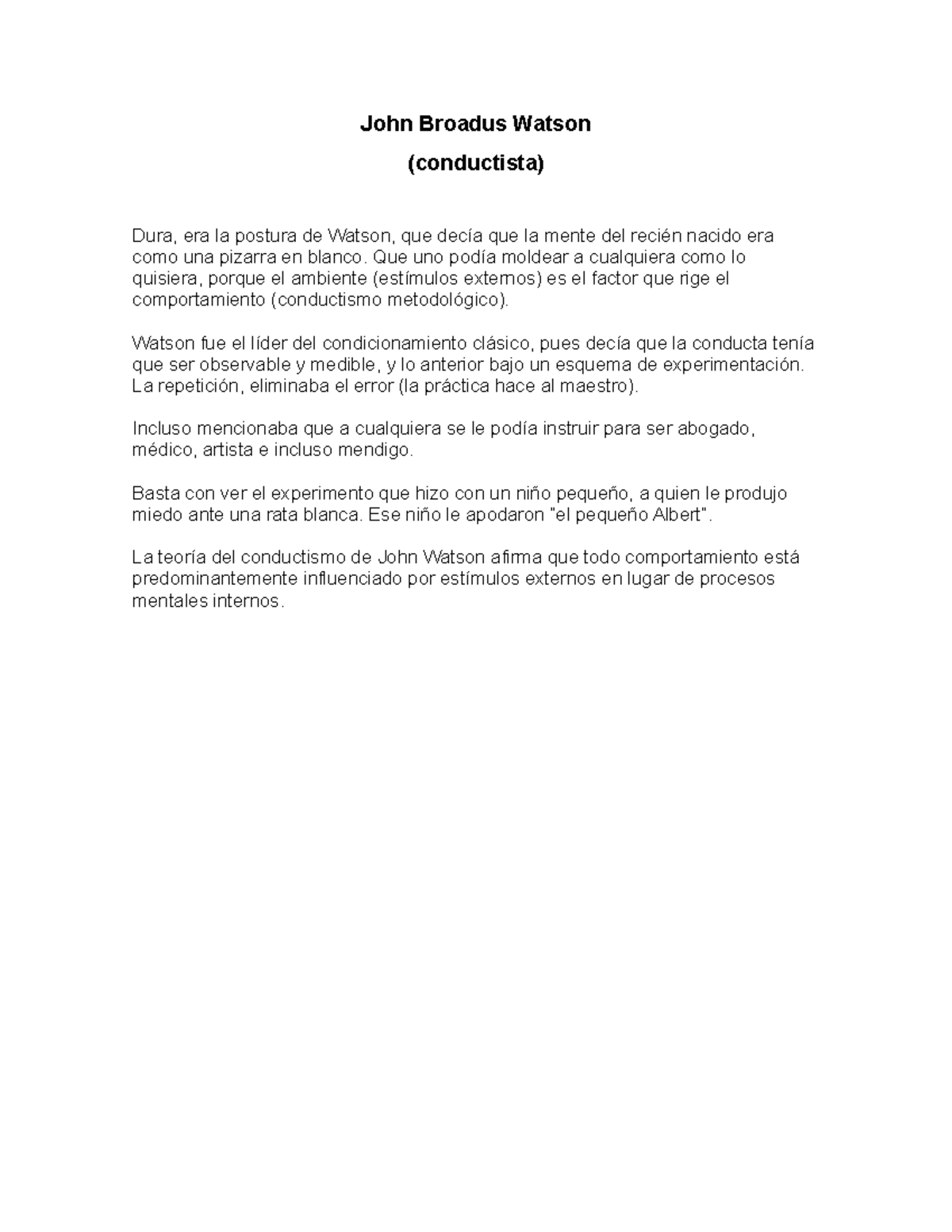 John Broadus Watson Aportaciones al fenómeno educativo - Teoría ...