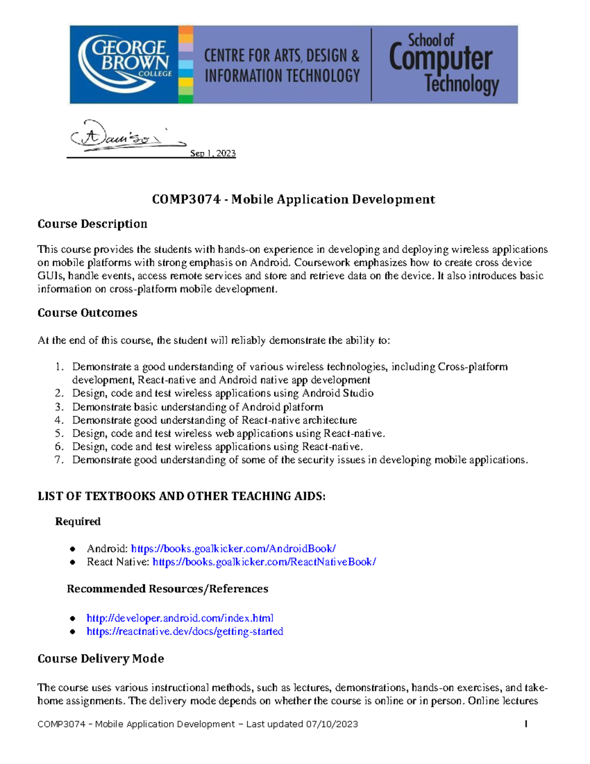 CSI-COMP3074-2023 - course syllabus - Sep 1, 2023 COMP 3074 - Mobile Application Development ...