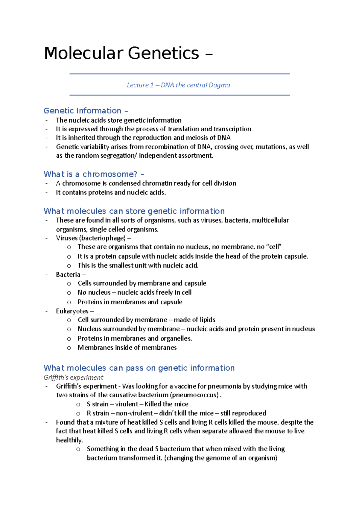Molecular Genetics notes - Molecular Genetics – Lecture 1 – DNA the ...
