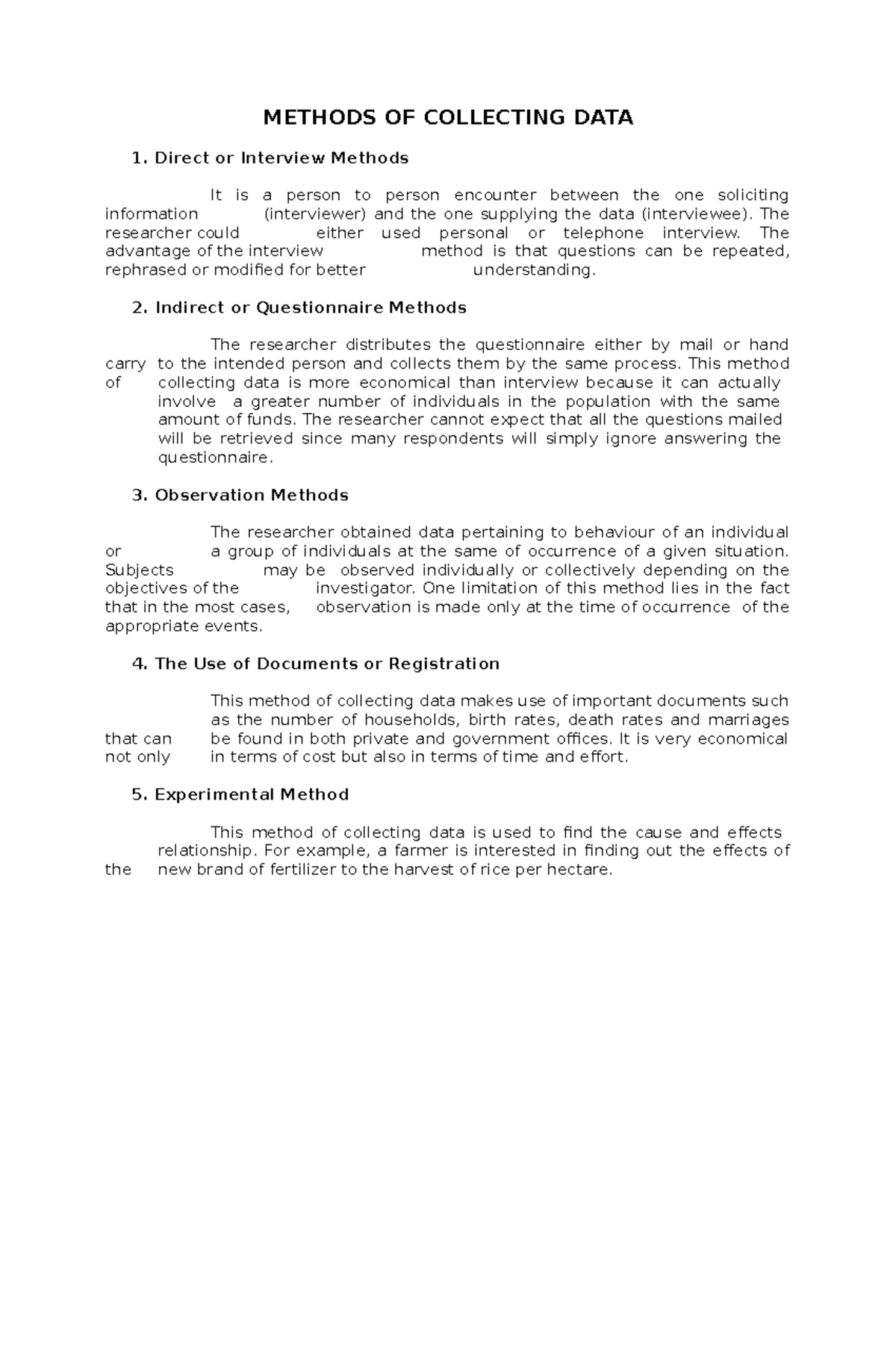Methods OF Collecting DATA - METHODS OF COLLECTING DATA Direct or ...