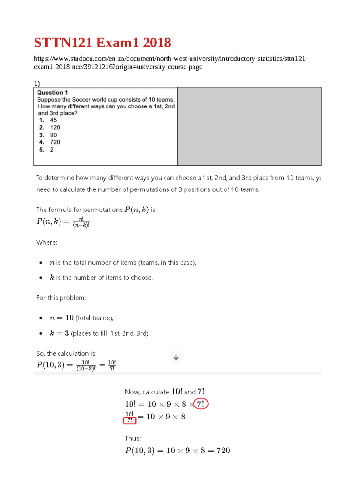 STTN121 Exam1 2018 memo of possible answers - STTN121 Exam1 2018 - Studocu