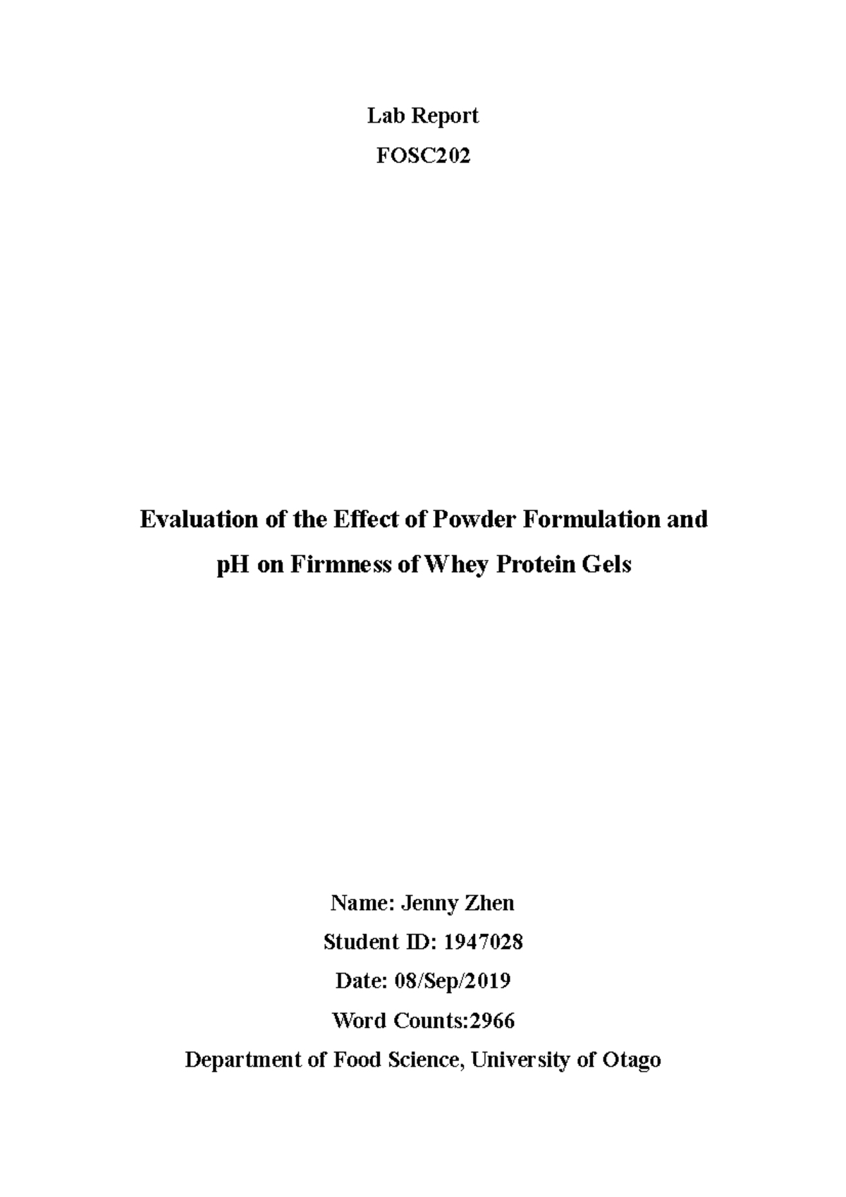 Lab Report (Dairy) - Lab Report FOSC Evaluation of the Effect of Powder ...