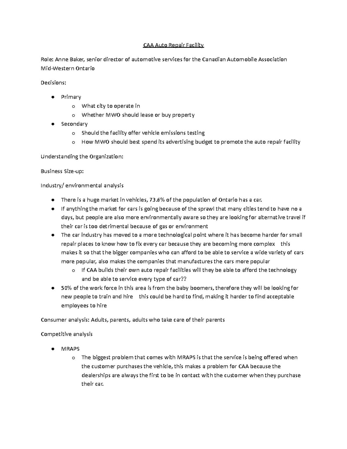 CAA Auto Repair Facility case - CAA Auto Repair Facility Role: Anne ...