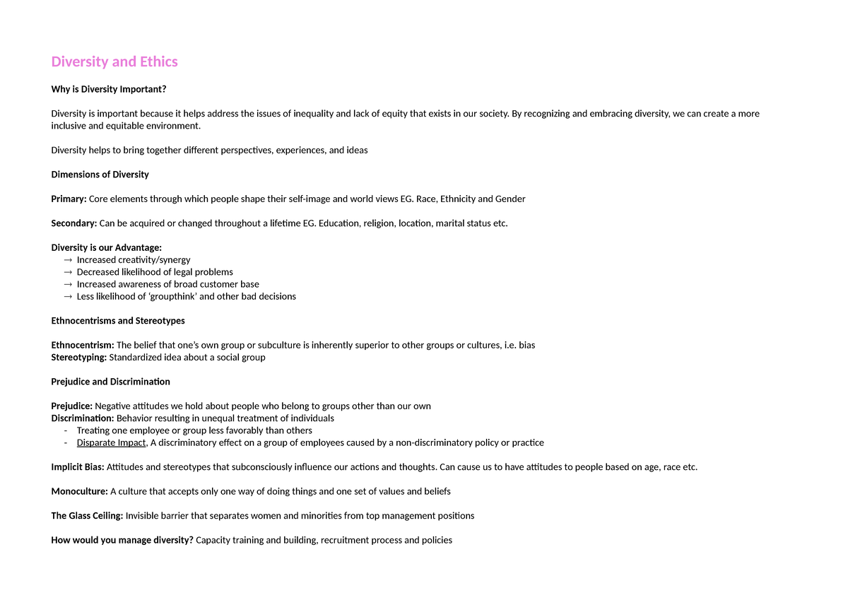 Diversity and Ethics - Summary Business and Society - Diversity and ...