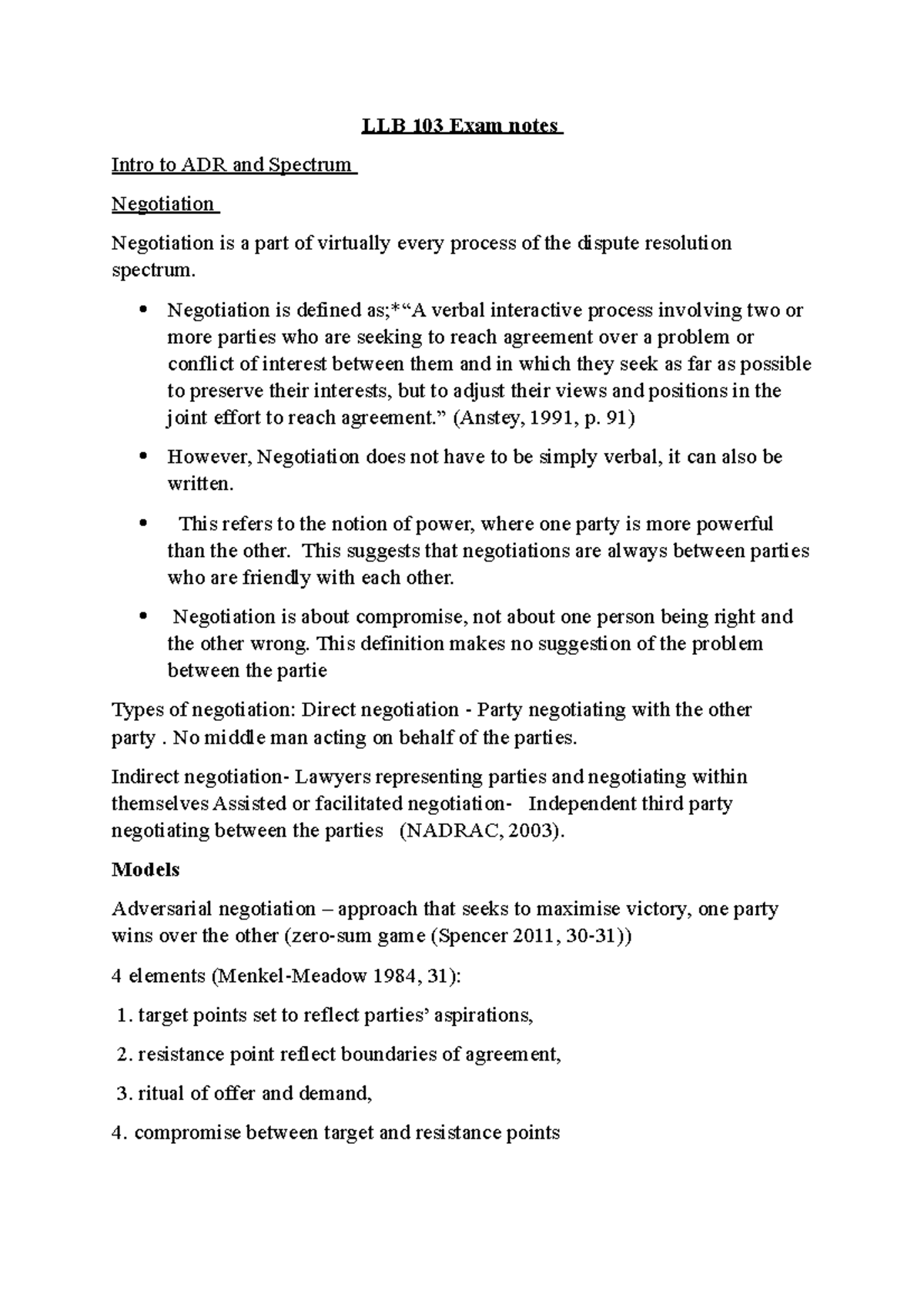 LLB 103 Exam notes - LLB 103 Exam notes Intro to ADR and Spectrum ...