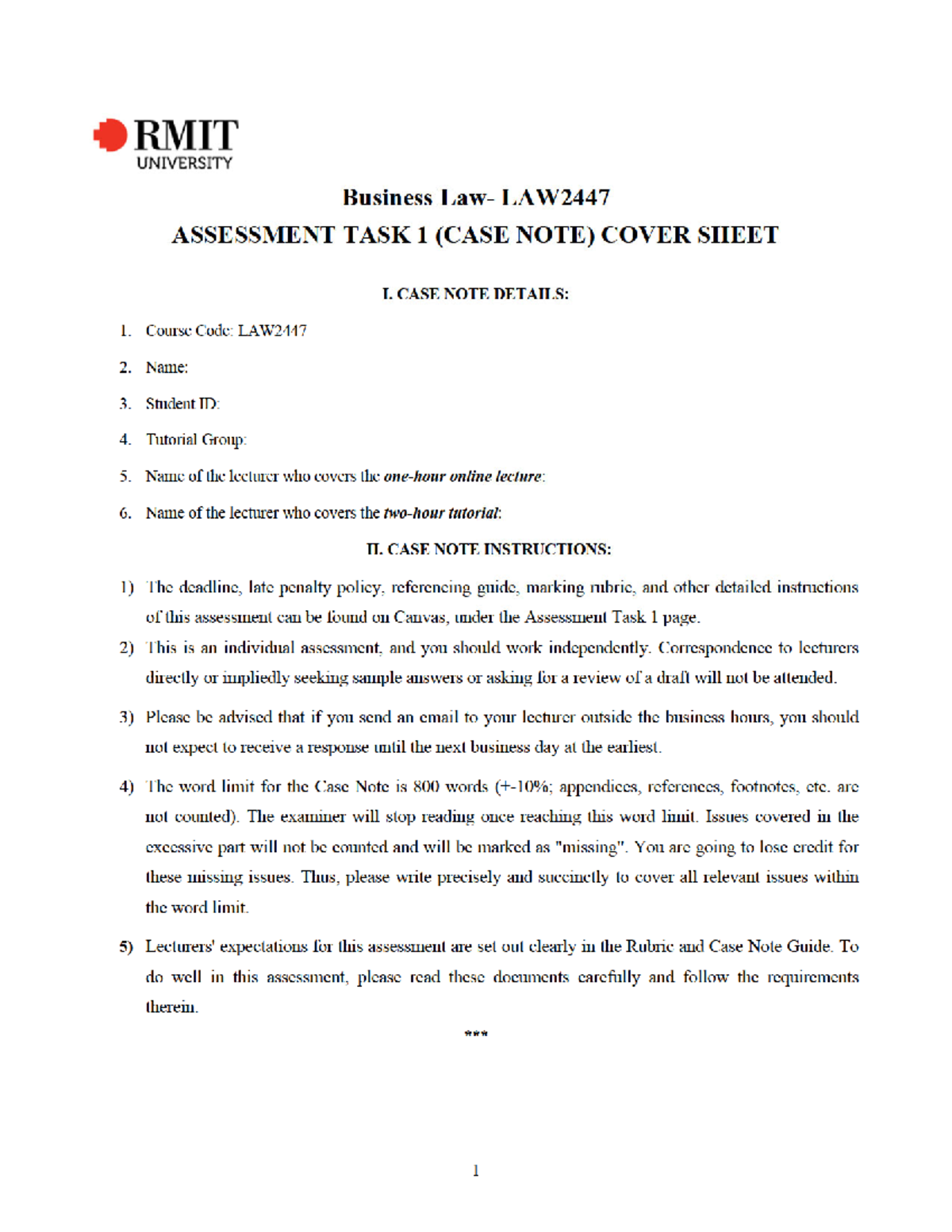 LAW2447 Assessment Task 1 Questions Sem 1-2023 [Official Version] - business law - Studocu