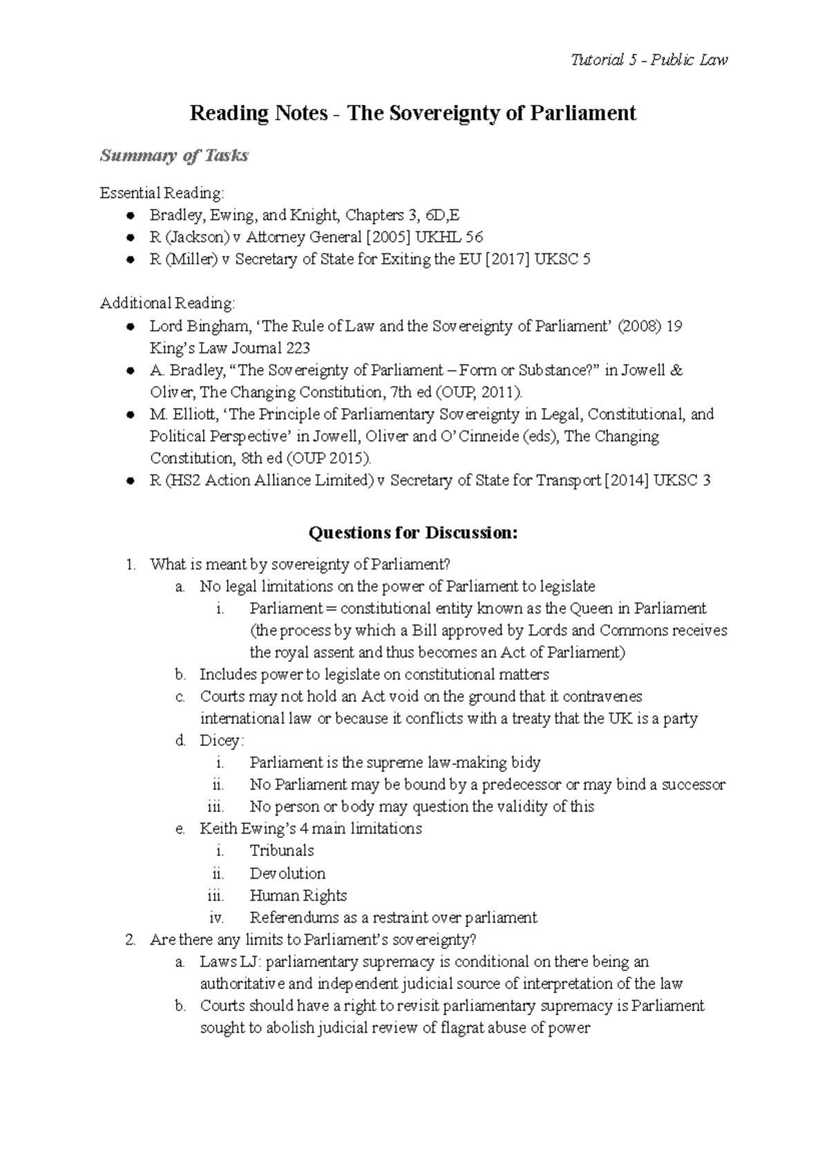 Public Law Reading Notes - The Sovereignty of Parliament - Reading ...