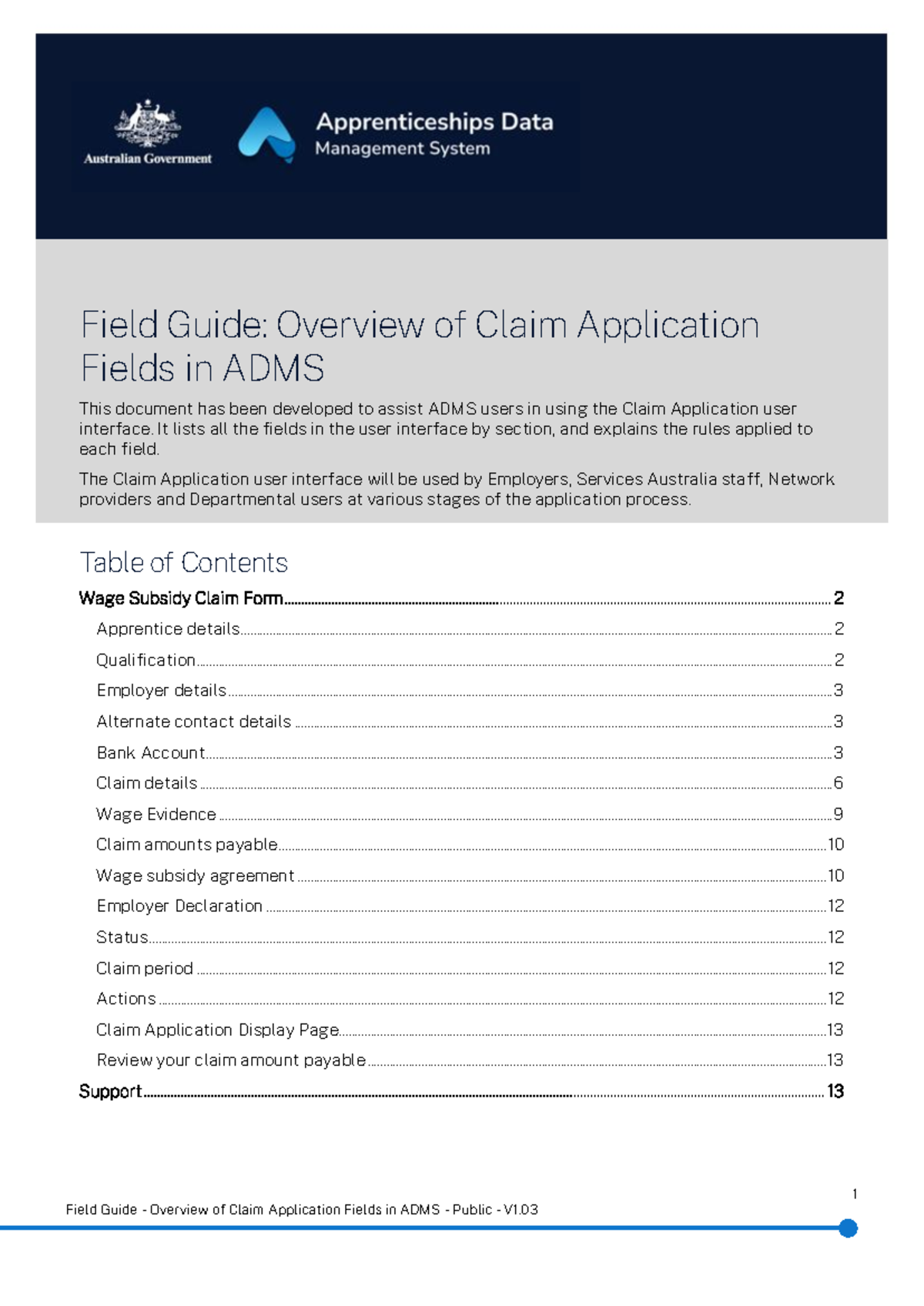 Field guide overview of claim application fields in adms v1 - 1 Field ...