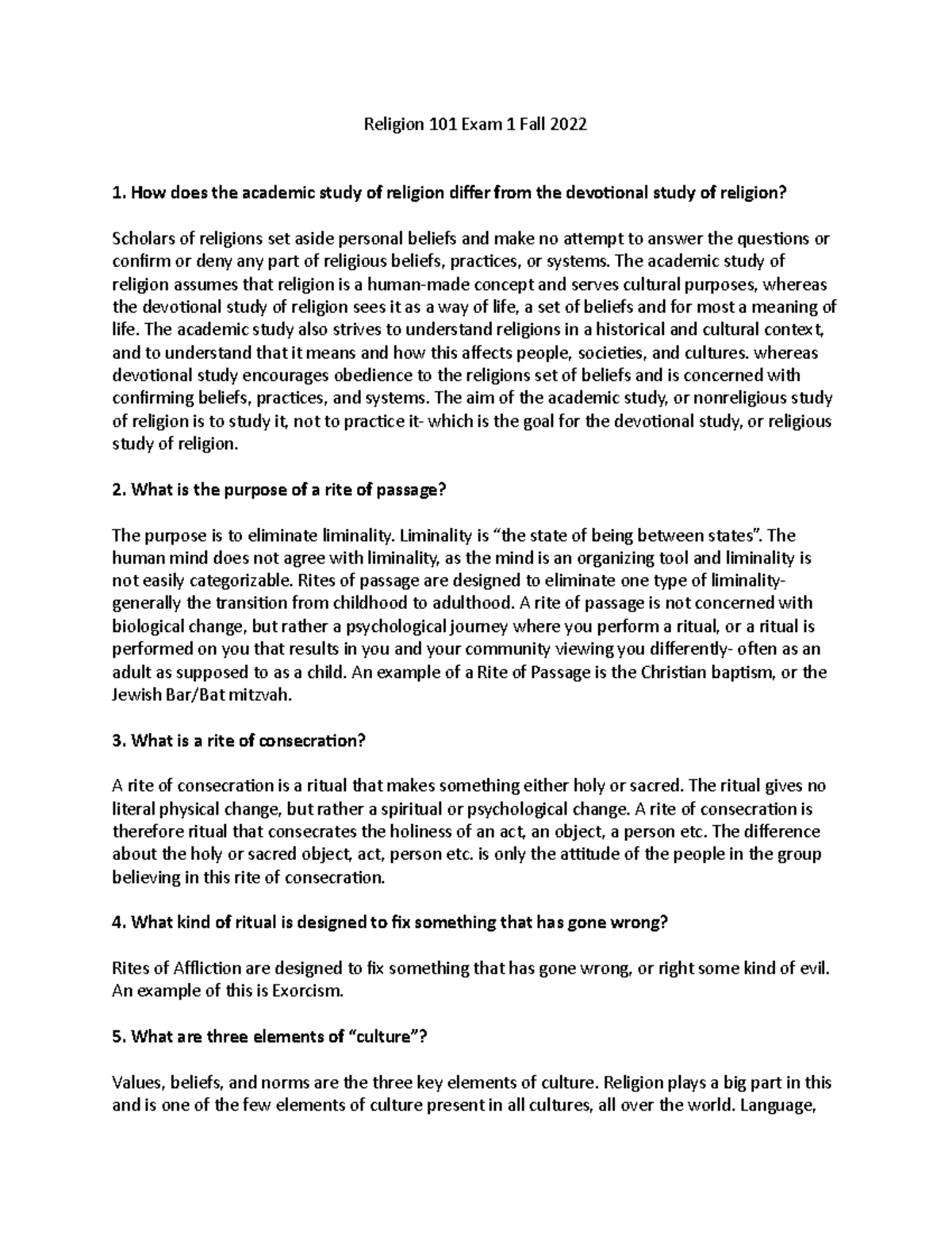 Religion Exam 1 - Exam 1, professor Taysom - Religion 101 Exam 1 Fall 2022 How does the academic ...