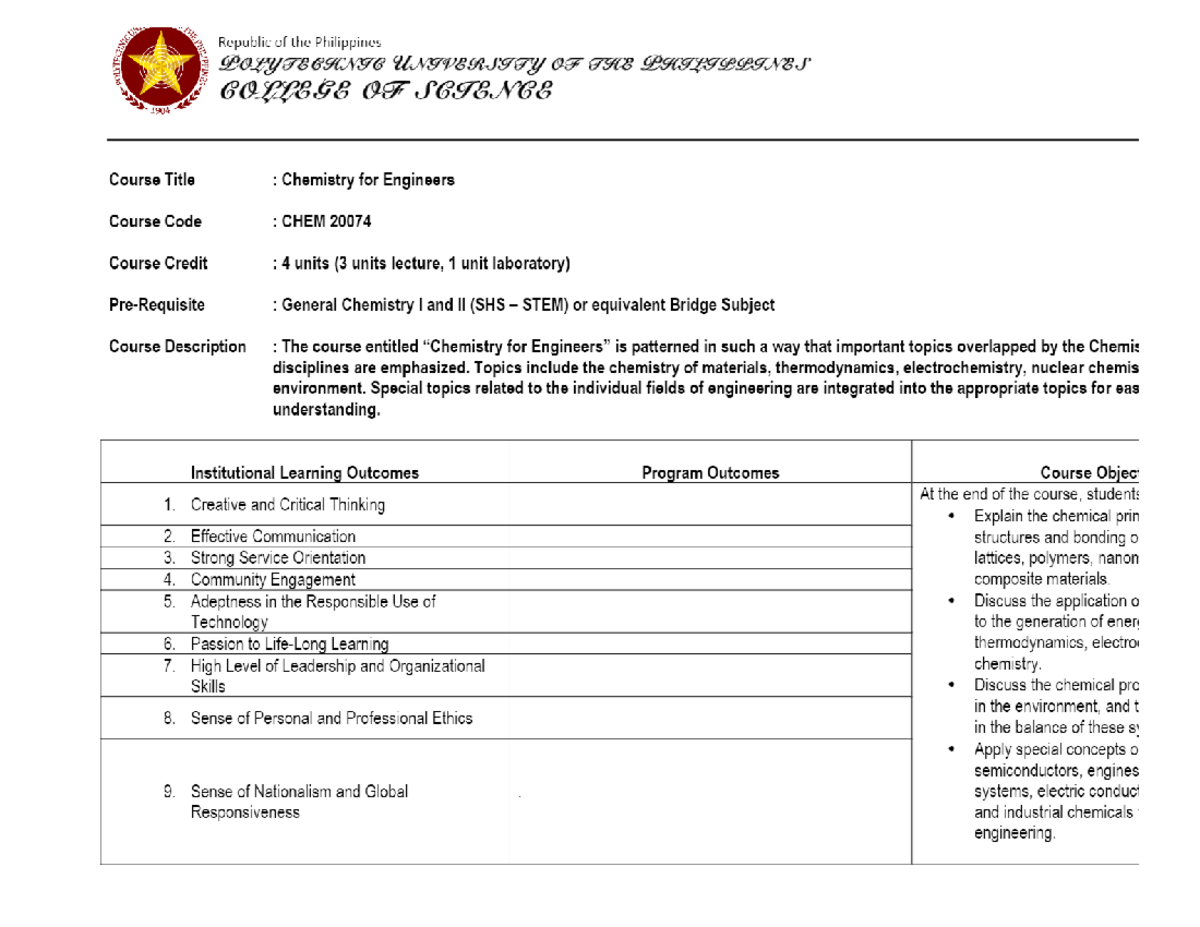 Chemistry For Engineers Course Syllabus - Pdfcoffee - Republic of the Philippines POLYTECINNTC ...