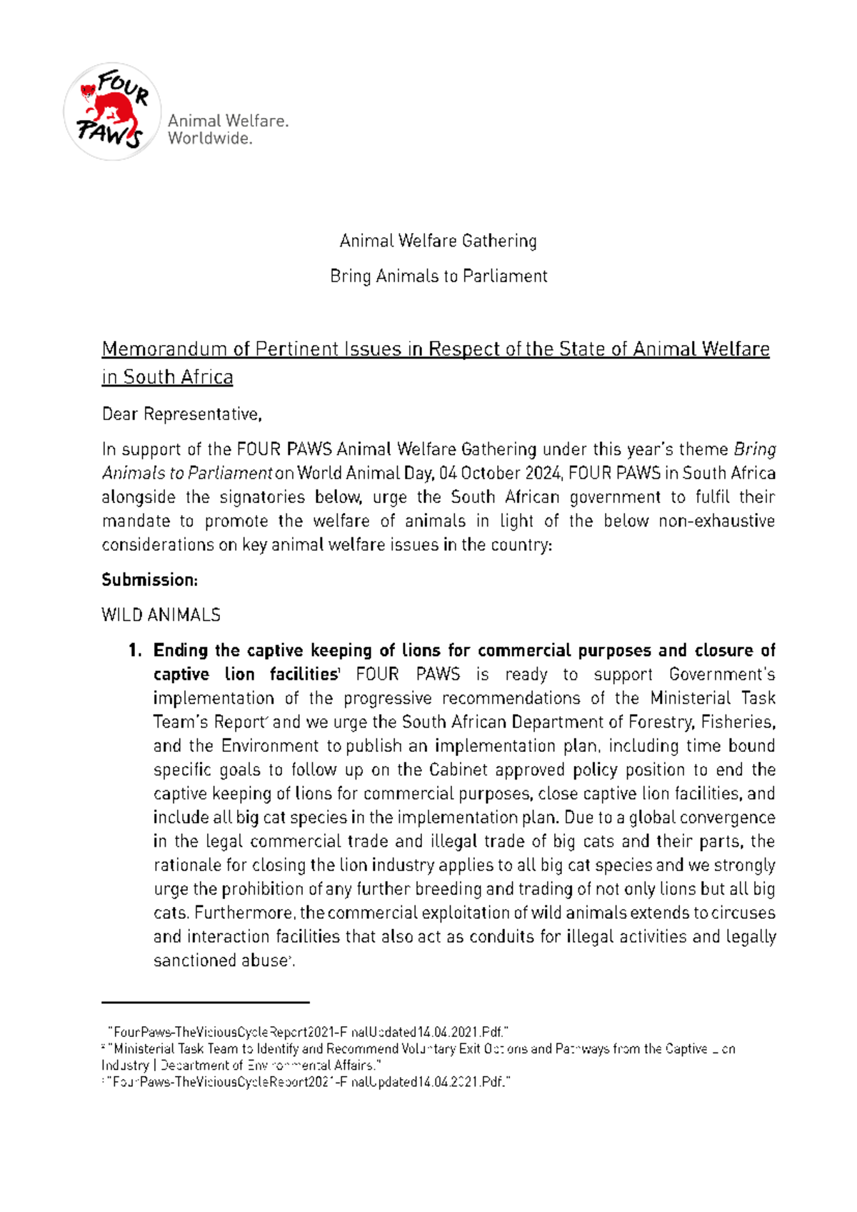 Memorandum to the Parliament of the Republic of South Africa FMI signed ...