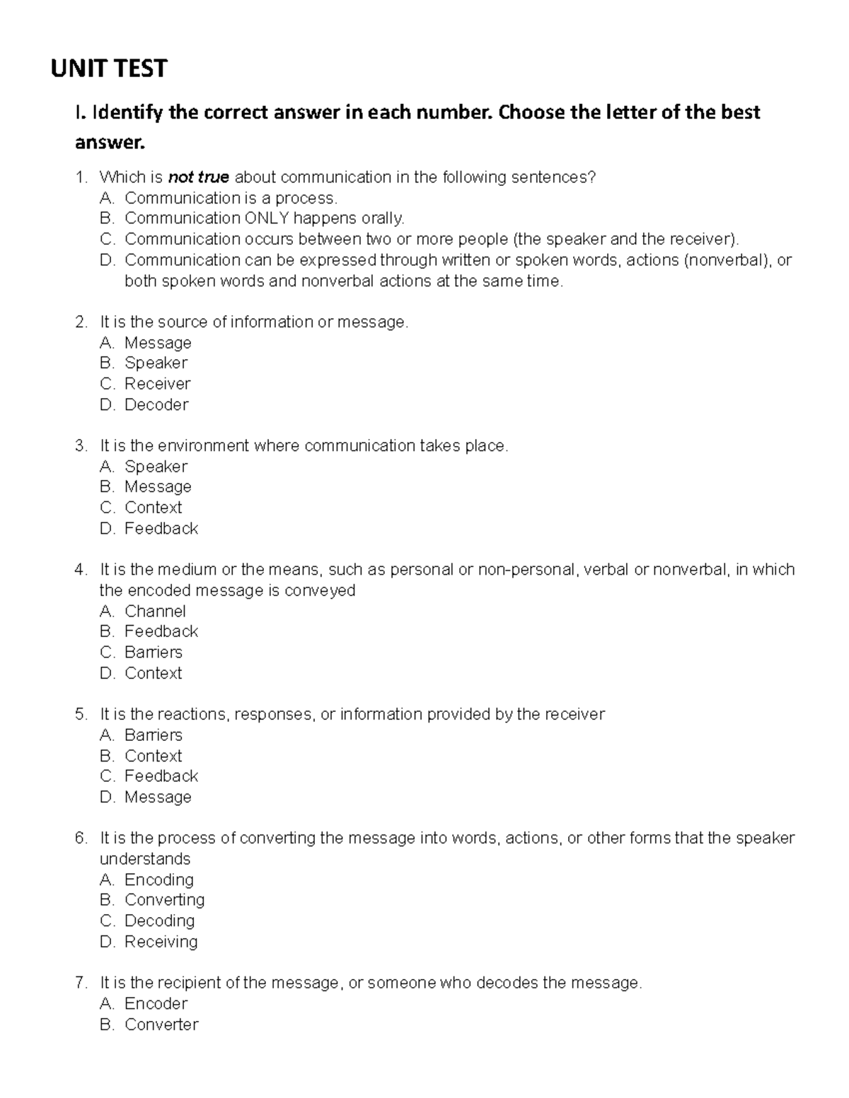UNIT TEST - unit test - UNIT TEST I. Identify the correct answer in ...