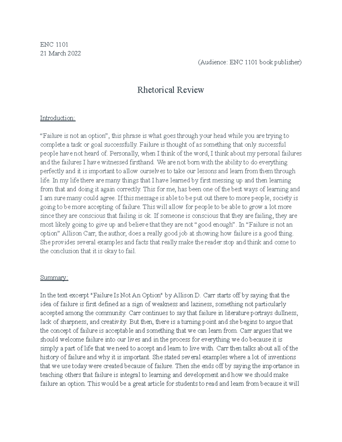 RR Student Sample 1 Rethorical Review - ENC 1101 21 March 2022 ...