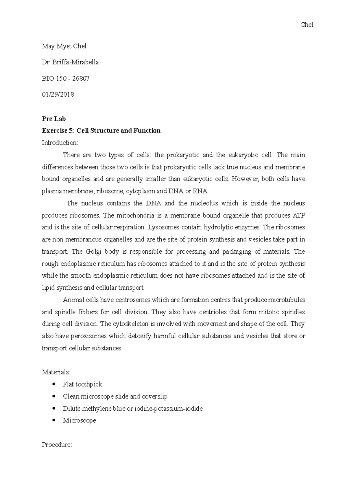 Week 1 - prelab for human anatomy and physiology lab - Chel 1 May Myet ...