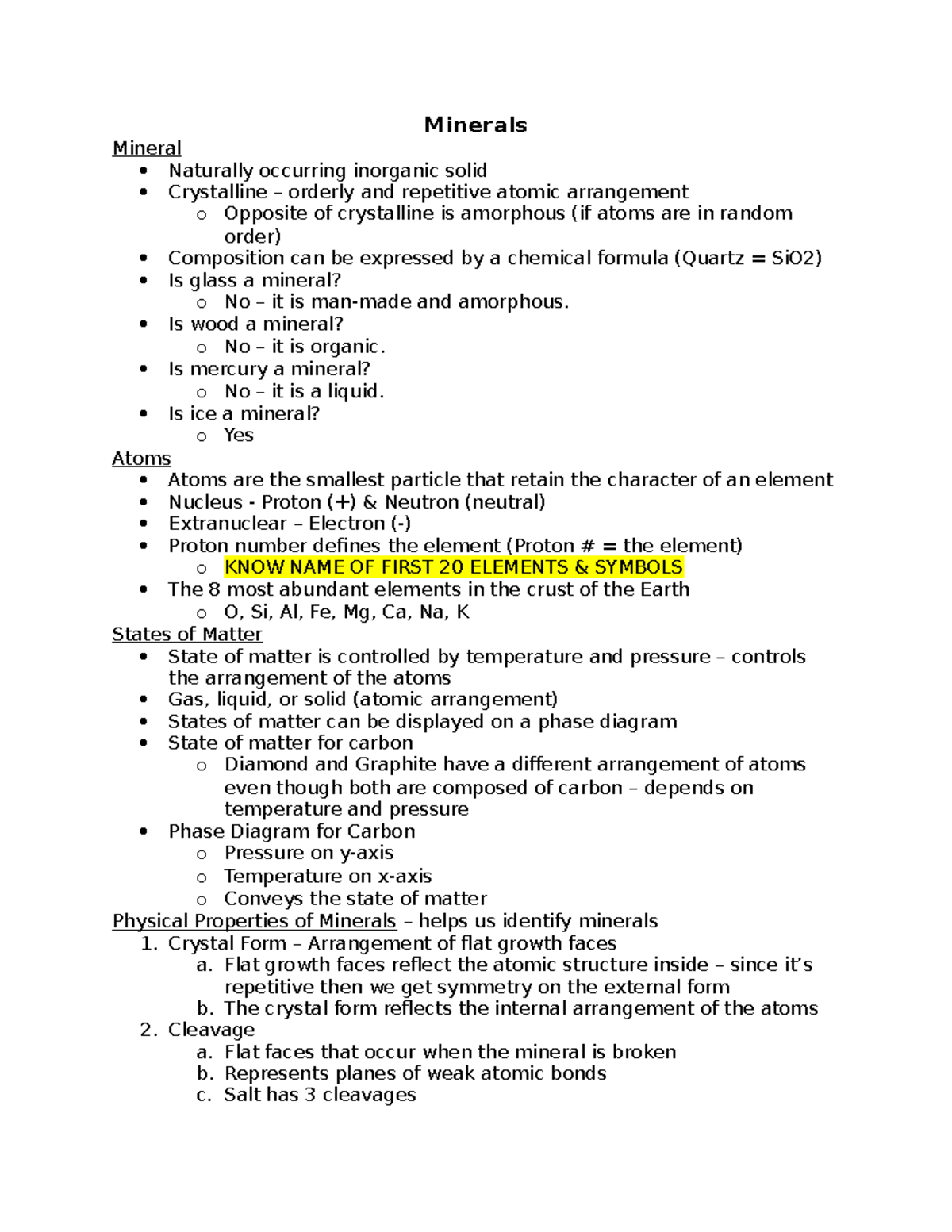 Minerals Lecture Notes - Minerals Mineral Naturally occurring inorganic ...
