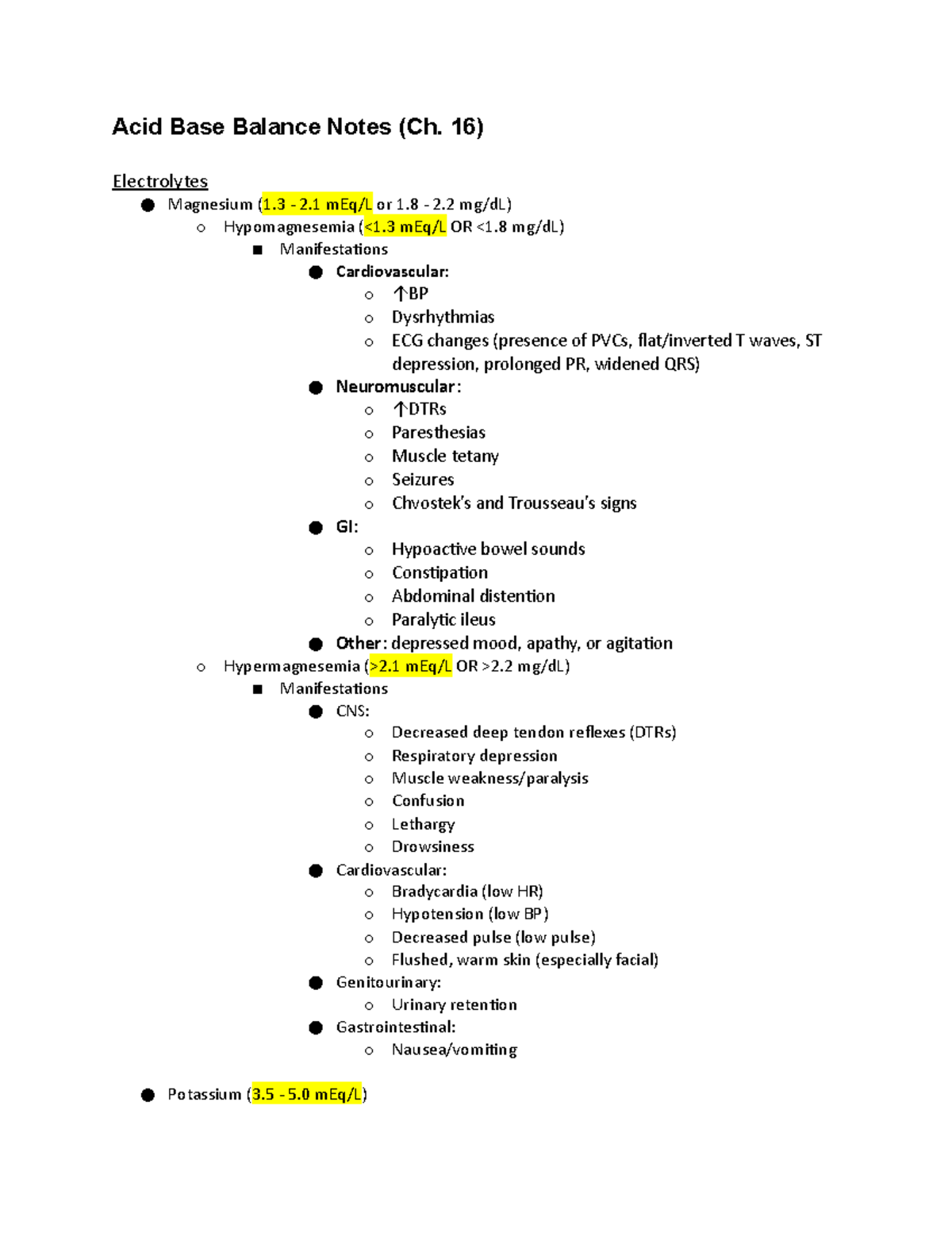 AH Theory Exam 1 Notes - Acid base, HF, ACS, and Renal failure + lab ...