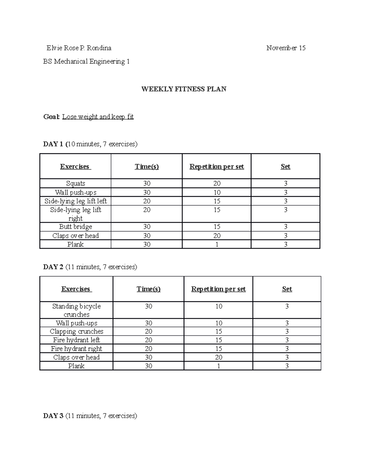 Weekly Fitness Plan in Physical Education - Elvie Rose P. Rondina ...