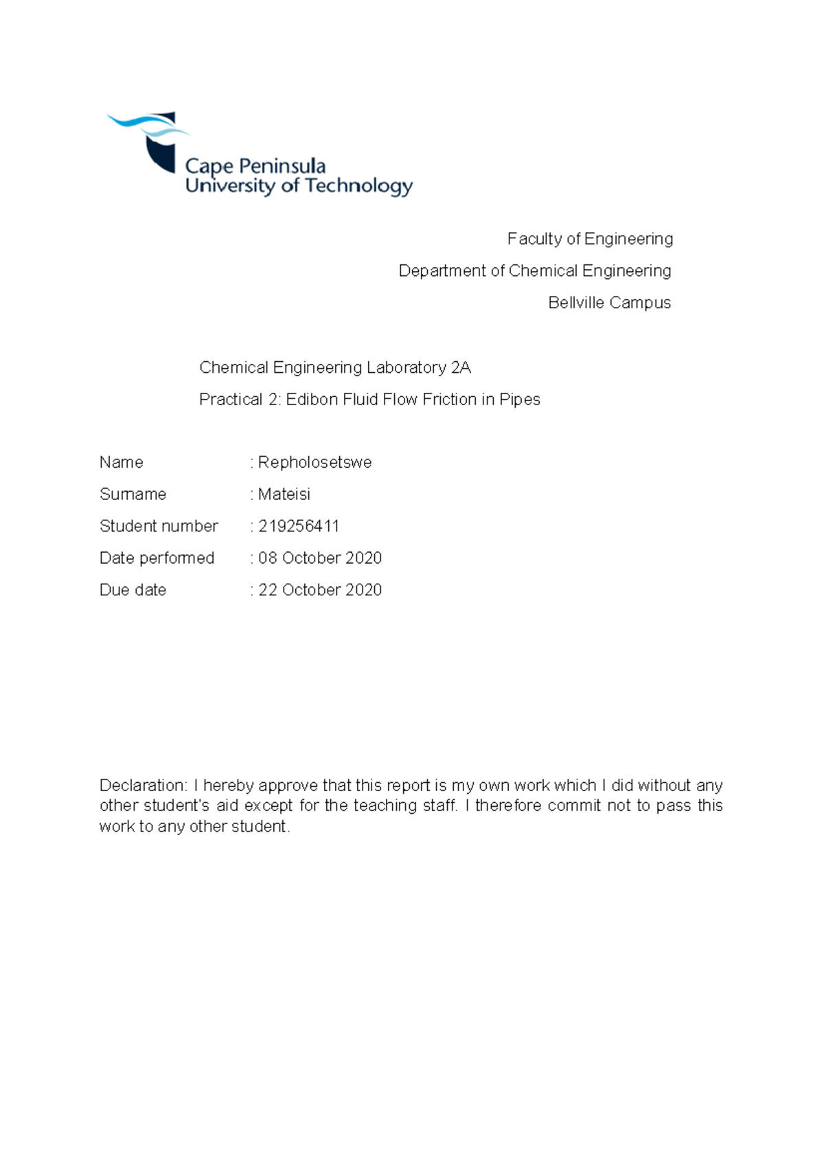 Prac 2 chem eng lab2 - Practical report for Edibon fluid flow - Faculty of Engineering ...