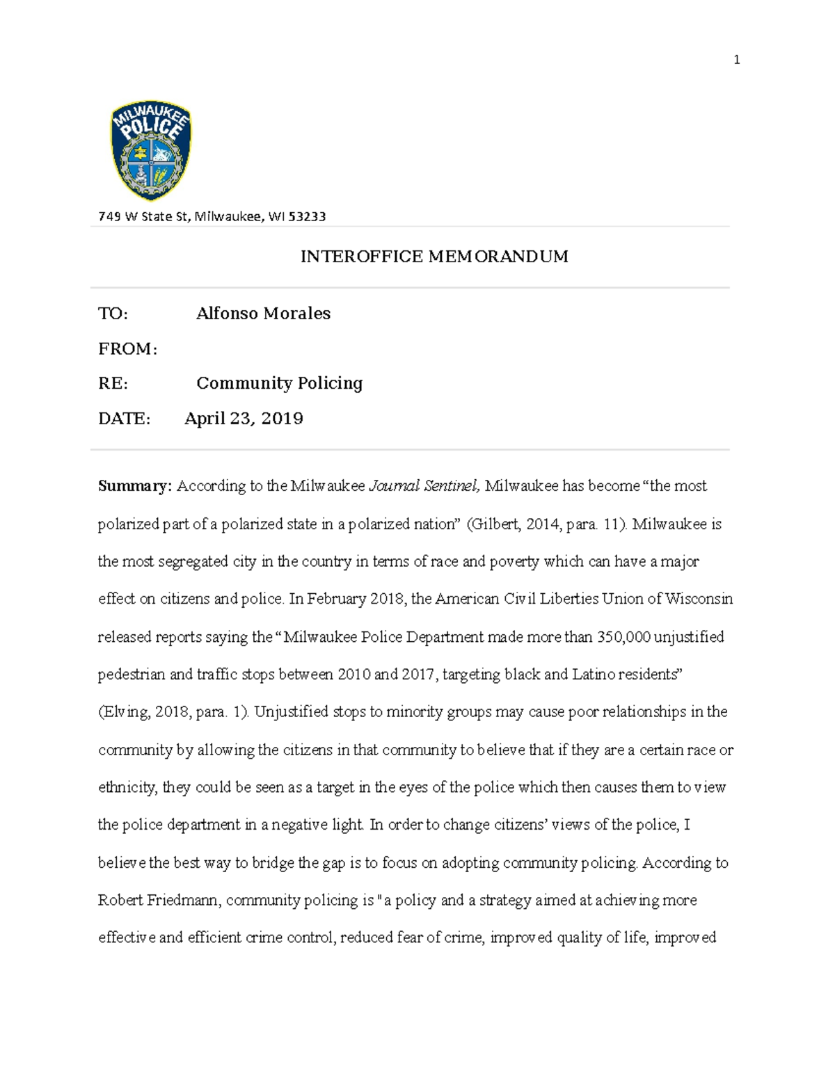 Police and Society- Memorandum Assignment - 749 W State St, Milwaukee ...