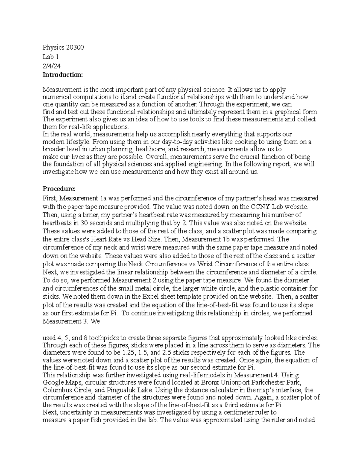 Physics full Lab 1 - Physics 20300 Lab 1 2/4/ Introduction: Measurement ...