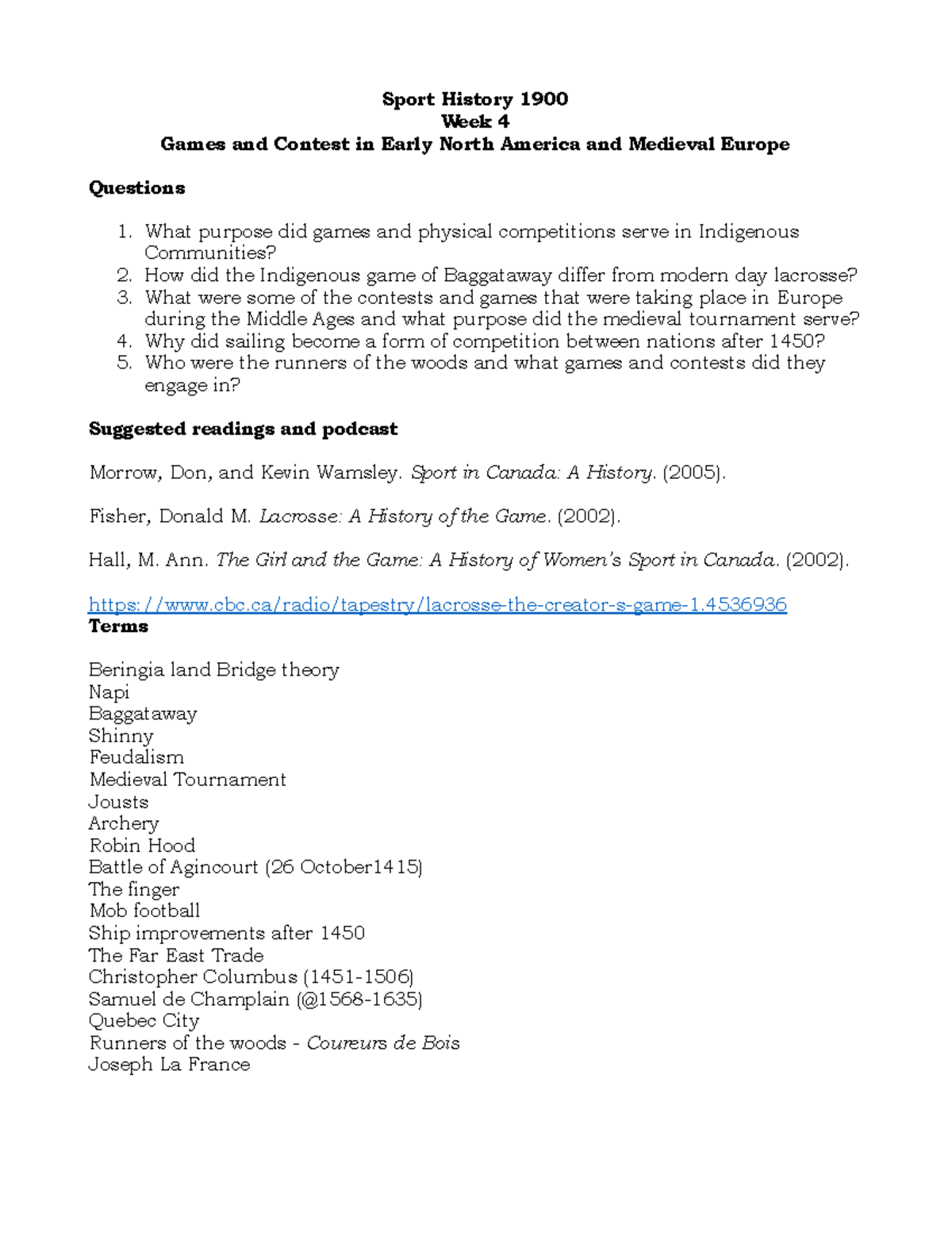 Hist 1900 - Notes week four - Sport History 1900 Week 4 Games and ...