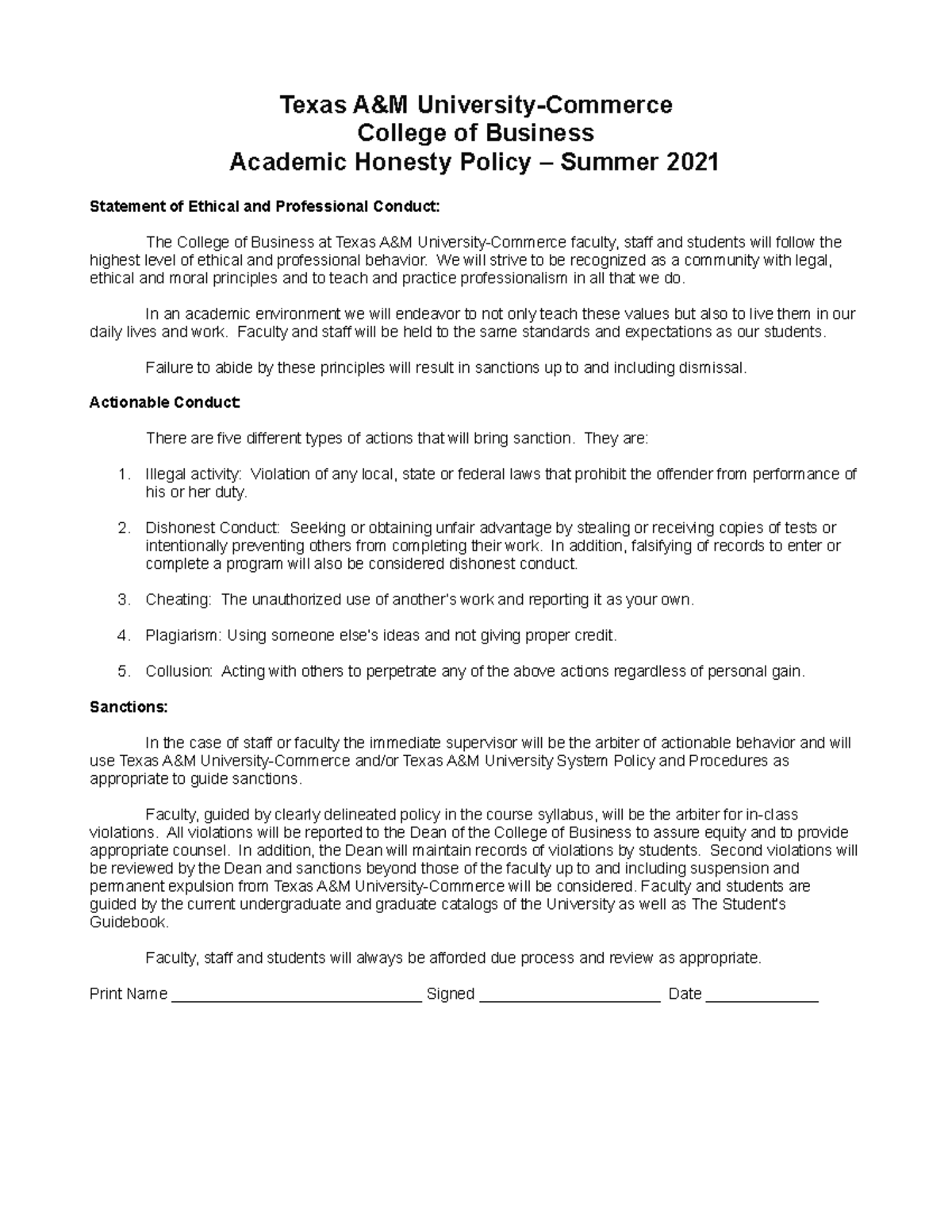 Academic Honesty Policy - Texas A&M University-Commerce College of ...