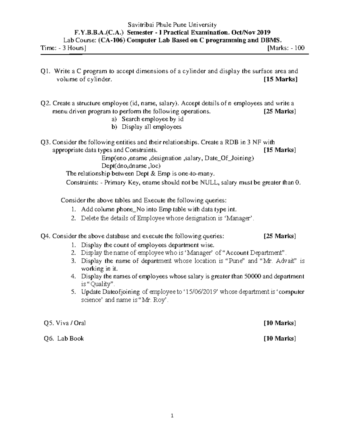 Practical Slips 2019 Sem1-1 - F.Y.B.B.(C.) Semester - I Practical Examination. Oct/Nov 2019 Lab ...