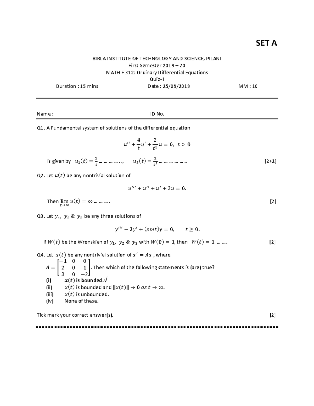 Quiz II Ques. Paper and Soln. (Chapter 2) - SET A BIRLA INSTITUTE OF TECHNOLOGY AND SCIENCE ...
