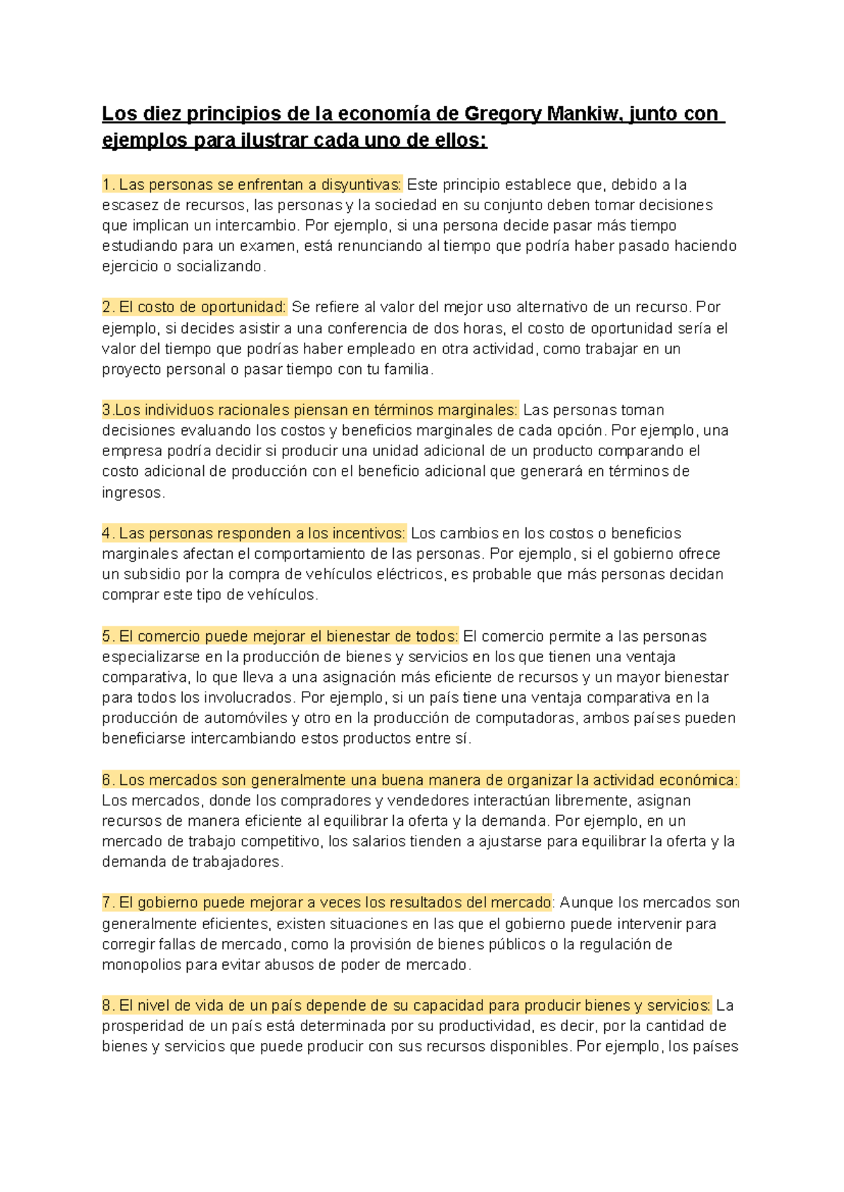 Resumen Economia - Los diez principios de la economía de Gregory Mankiw, junto con ejemplos para ...
