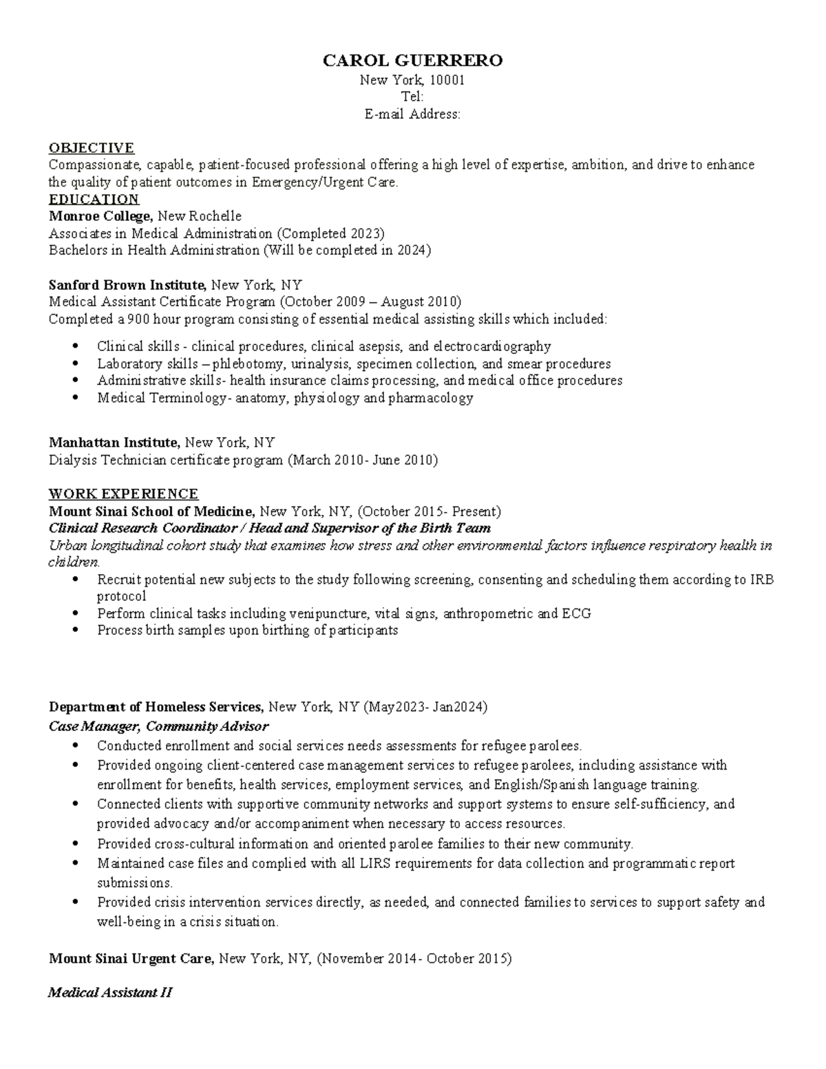 Carols Resume - CAROL GUERRERO New York, 10001 Tel: E-mail Address ...