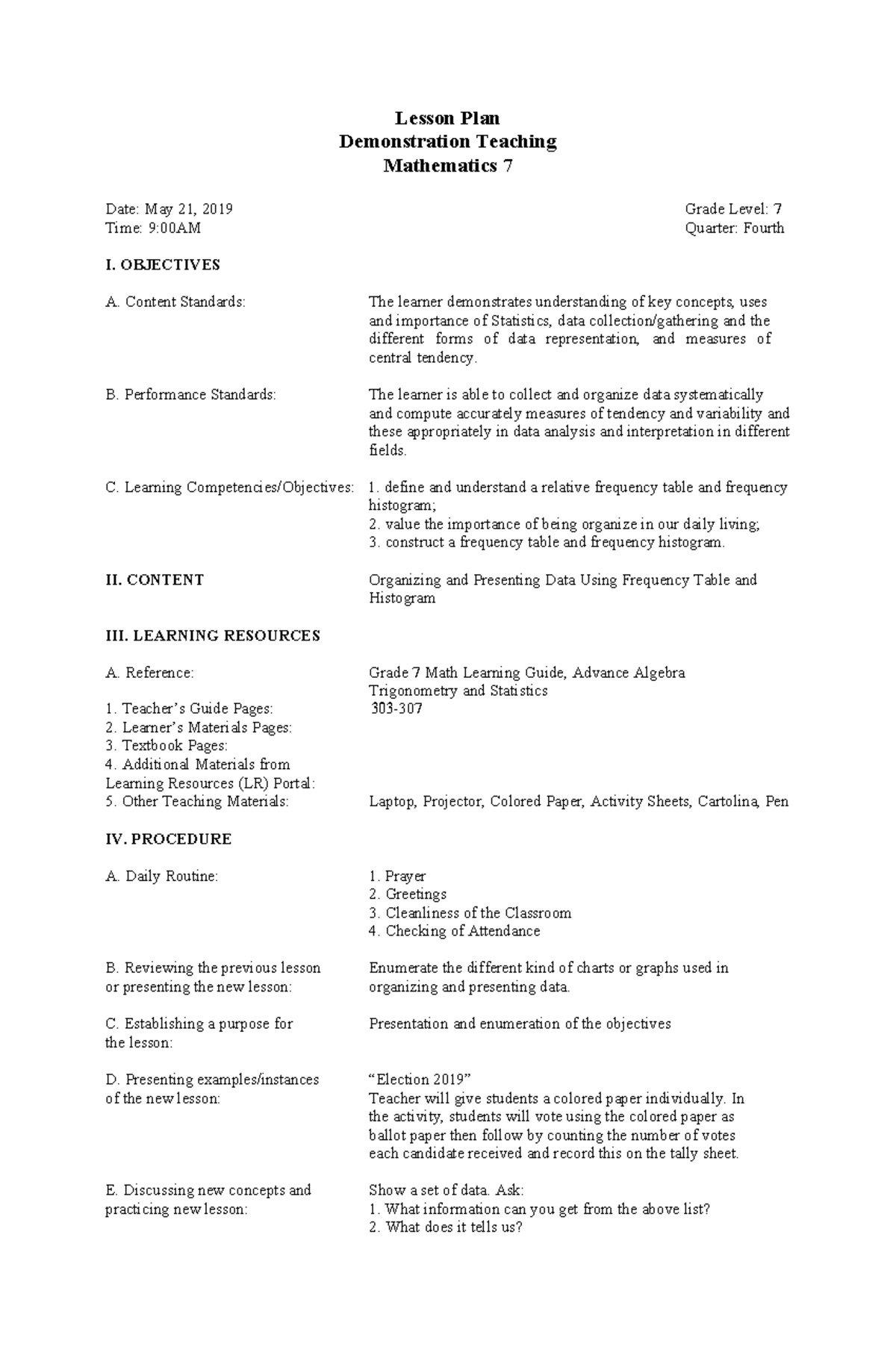 Lesson plan in frequency table - Lesson Plan Demonstration Teaching ...