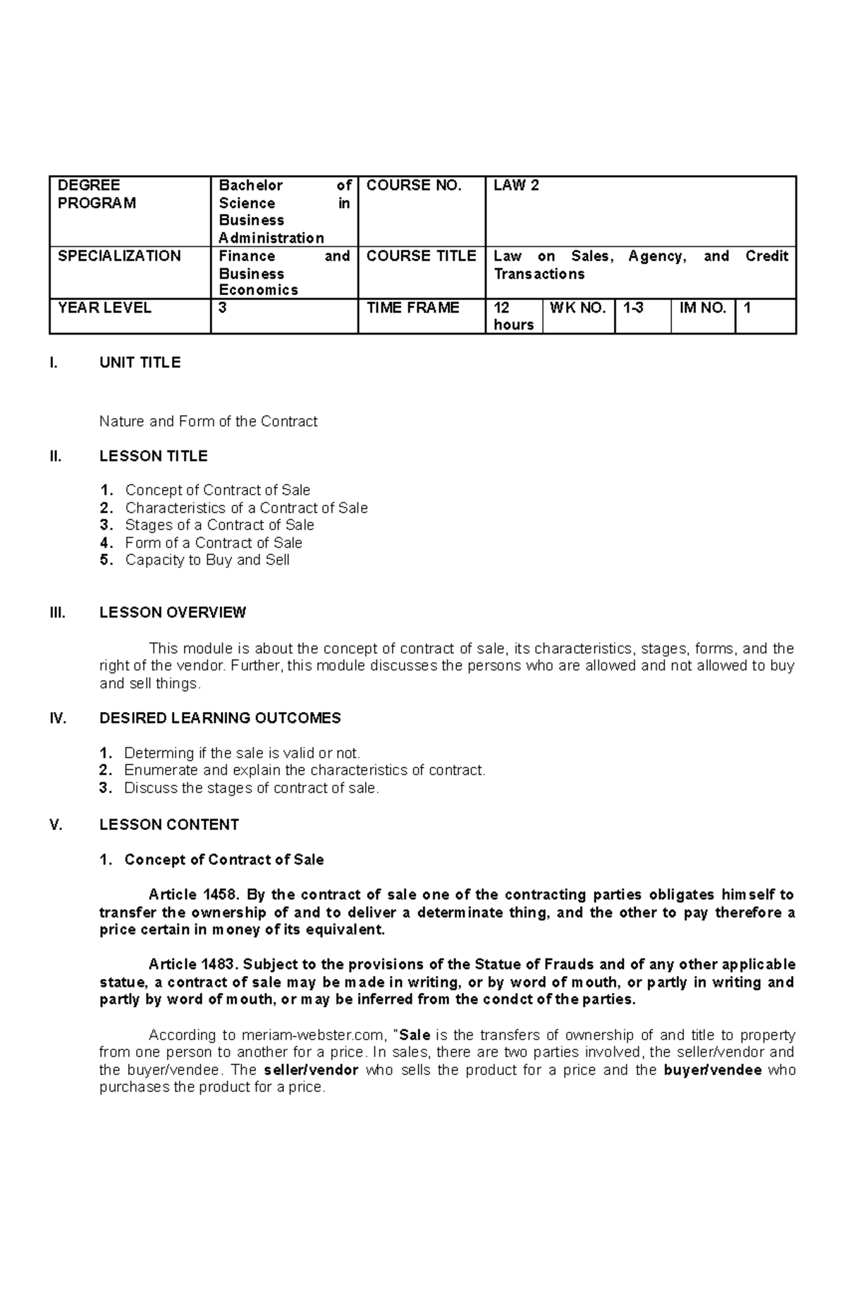 Module 1 LAW 2 1S-21-22 - lecture notes and activities - I. UNIT TITLE ...