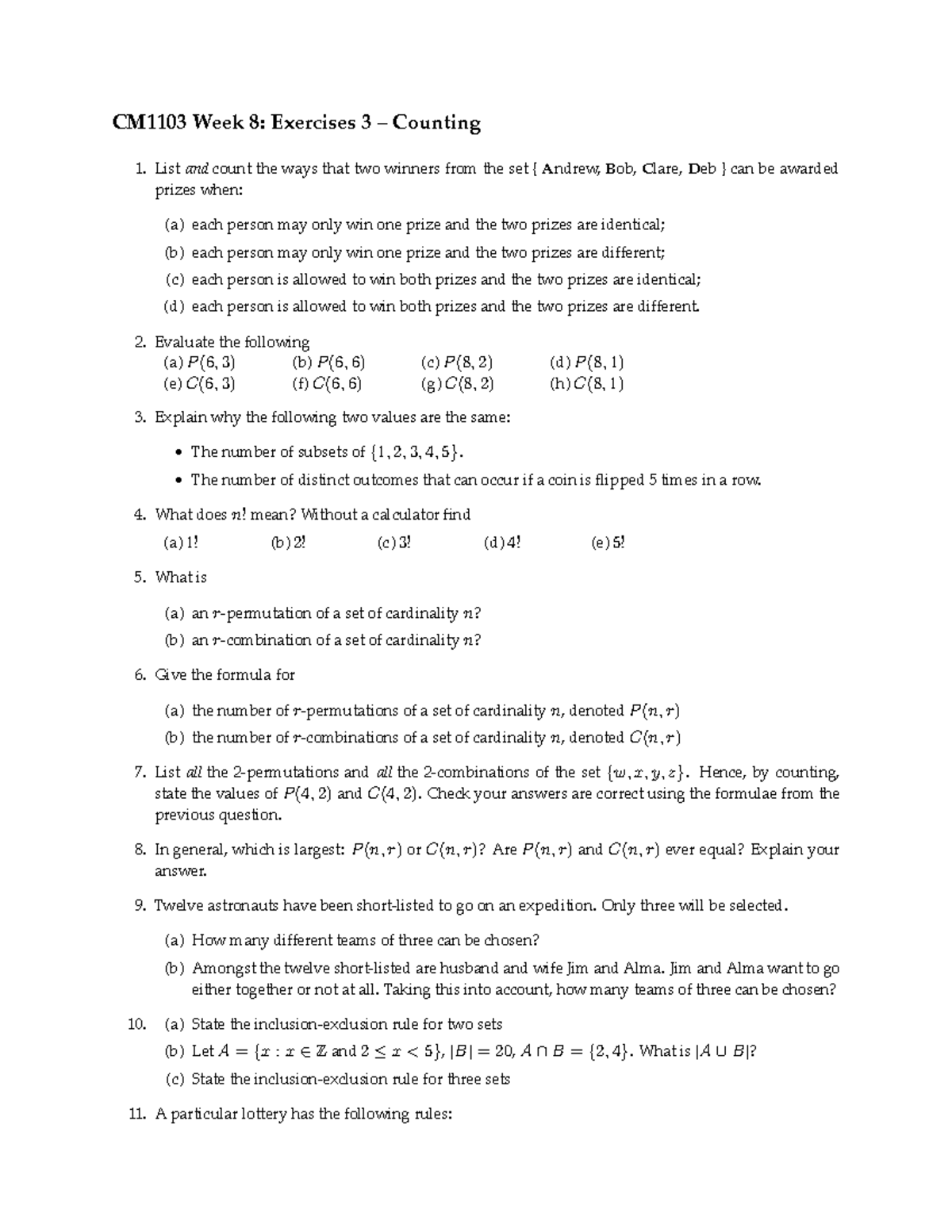 Counting Worksheet Questions - CM1103 Week 8: Exercises 3 – Counting 1 ...