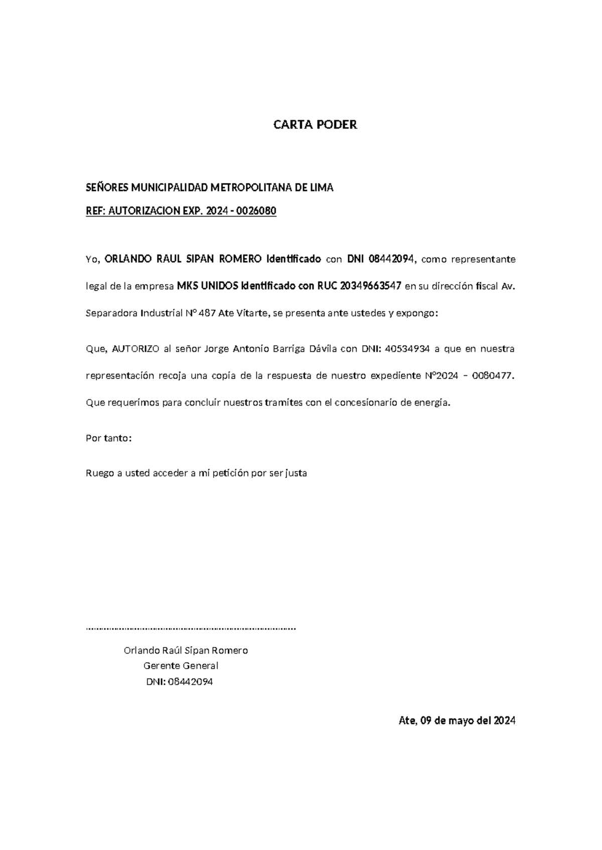 Carta poder simple - CARTA PODER SEÑORES MUNICIPALIDAD METROPOLITANA DE ...
