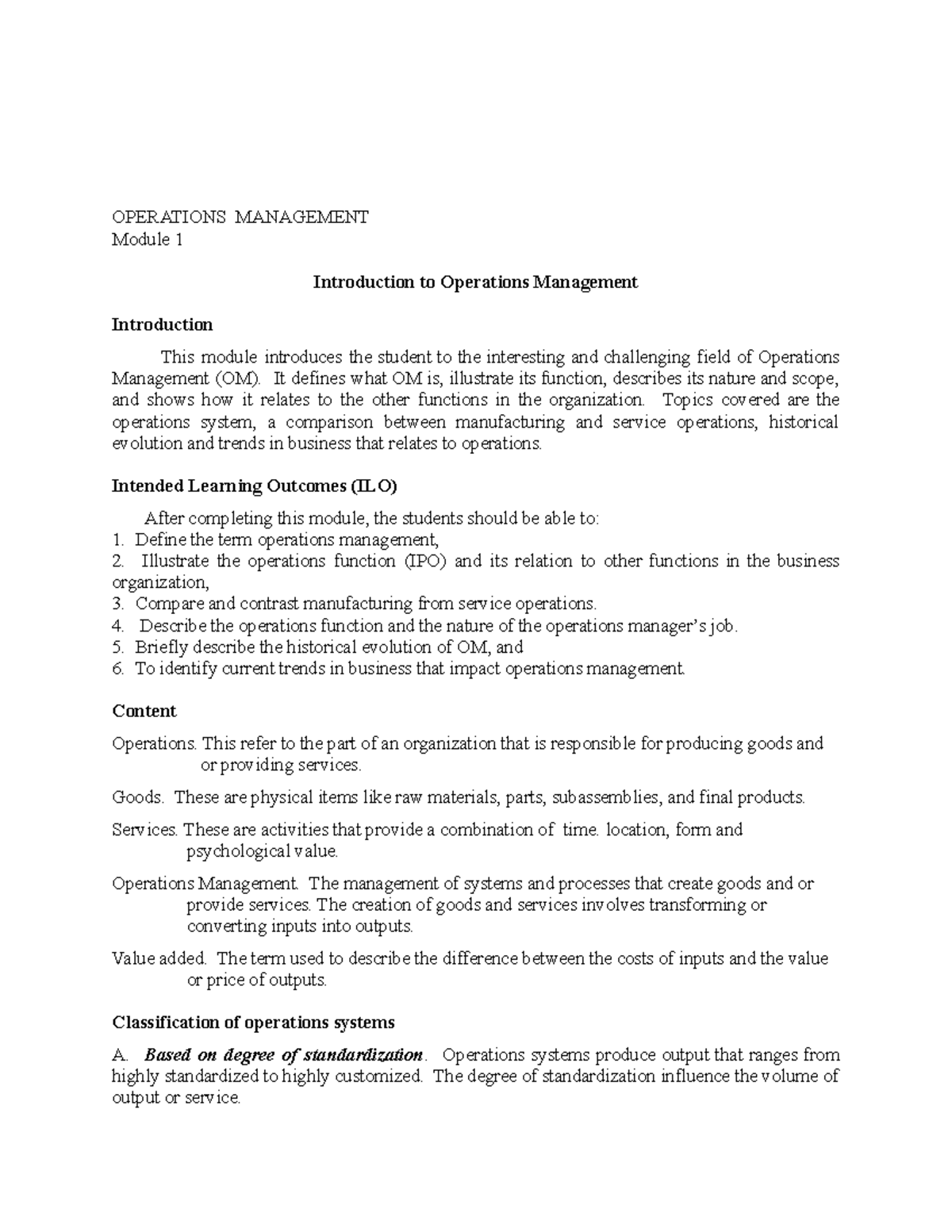 OM. Module 1. Introduction - OPERATIONS MANAGEMENT Module 1 ...