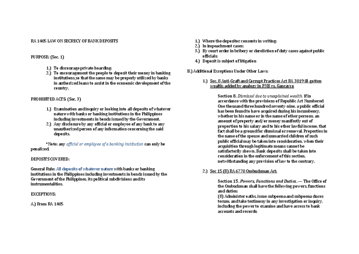 Accounting Law - Lecture notes 1 - RA 1405 LAW ON SECRECY OF BANK ...
