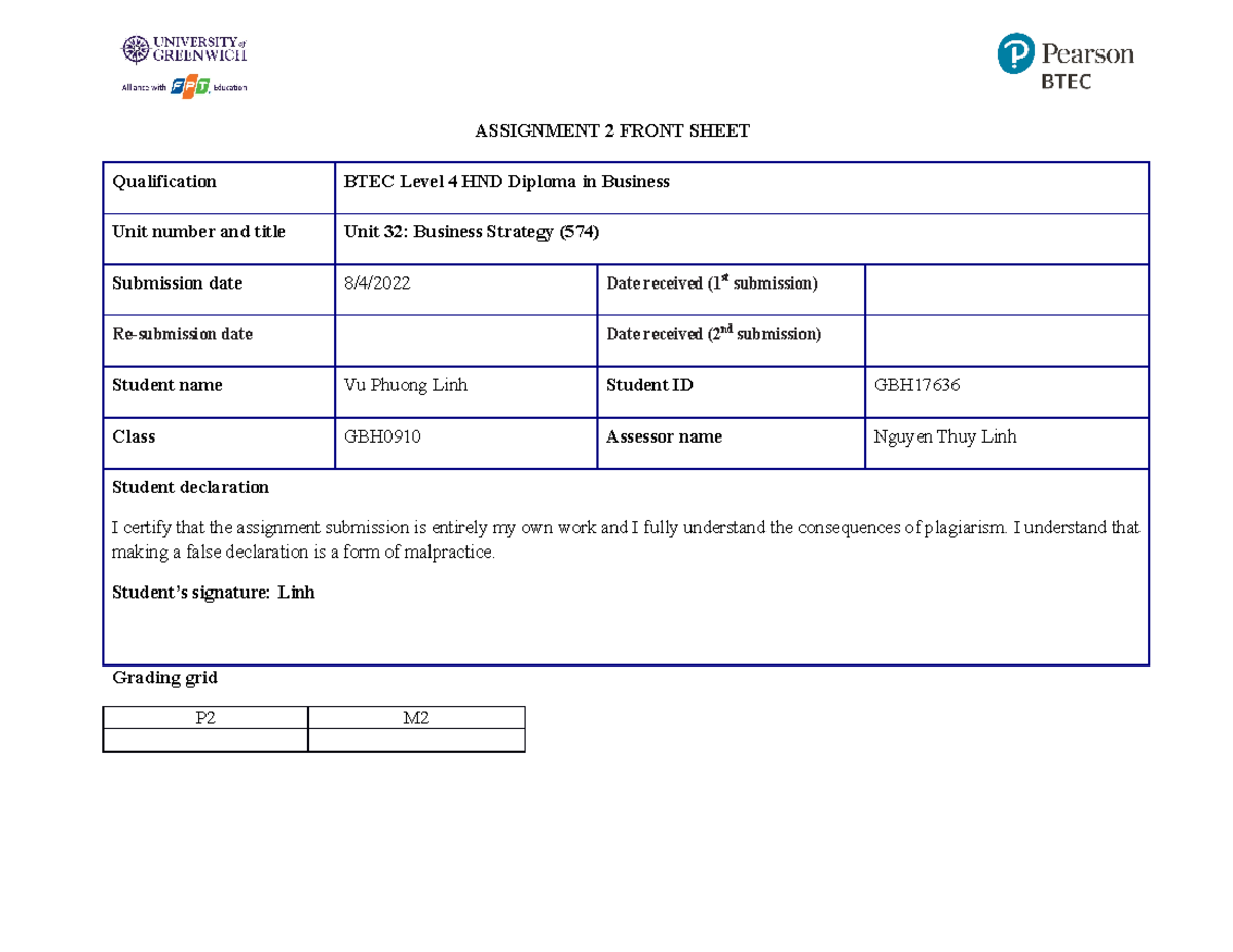 Unit 32 574 AS2 new frontsheet FLM - ASSIGNMENT 2 FRONT SHEET Qualification BTEC Level 4 HND ...