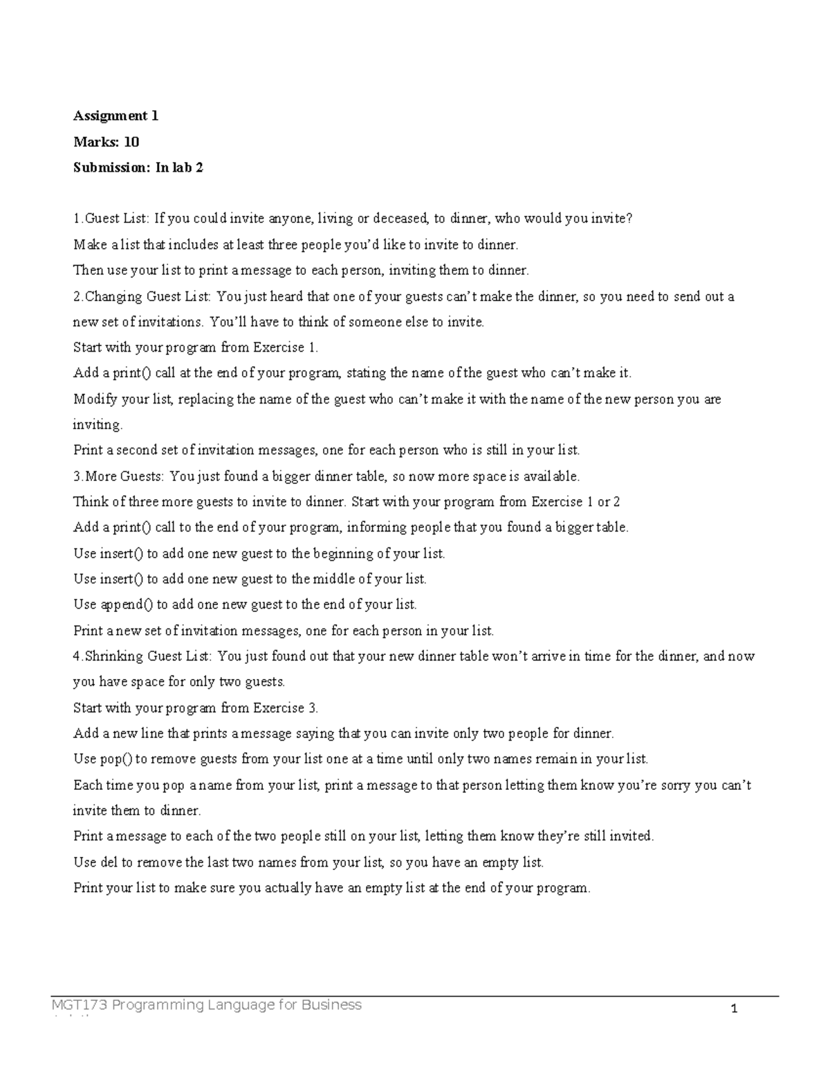 Assignment 1 - BDA 2 - good - Assignment 1 Marks: 10 Submission: In lab ...